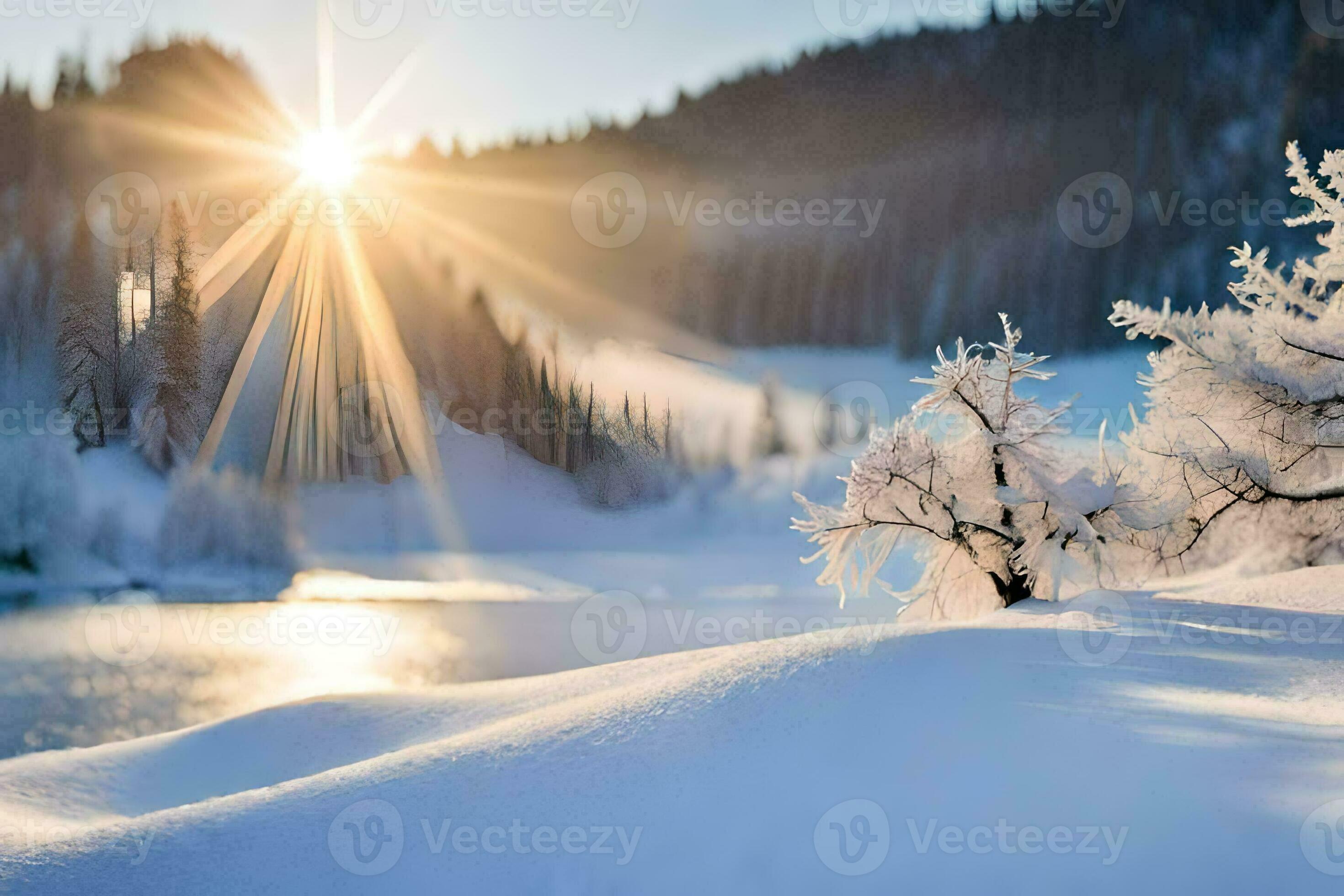 photo wallpaper the sky, snow, trees, lake, sun, trees, winter, the sun ...