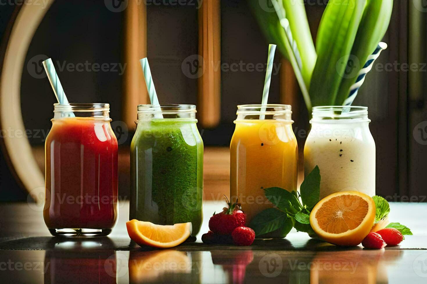 five different types of smoothies in jars. AI-Generated 33604643 Stock Photo at Vecteezy