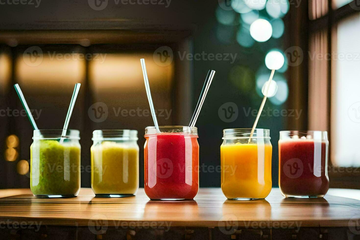 five different types of smoothies in glass jars. AI-Generated 33610956 Stock Photo at Vecteezy