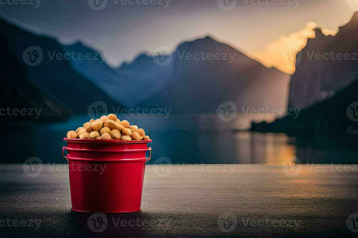 a bucket of peanuts on a table in front of a lake. AI-Generated 33611066 Stock Photo at Vecteezy