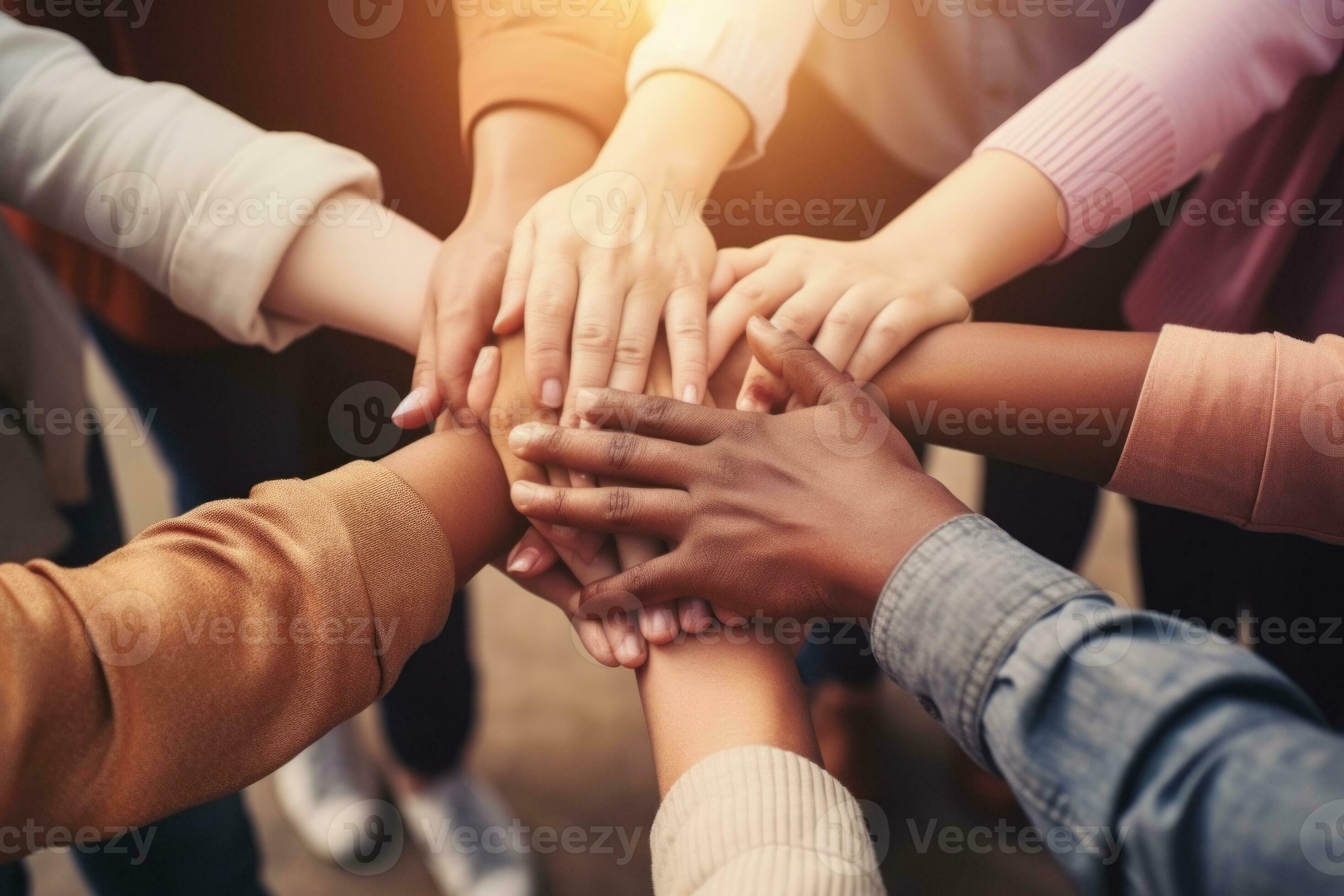Simple illustration of a group of people holding hands, forming a circle of support and ...