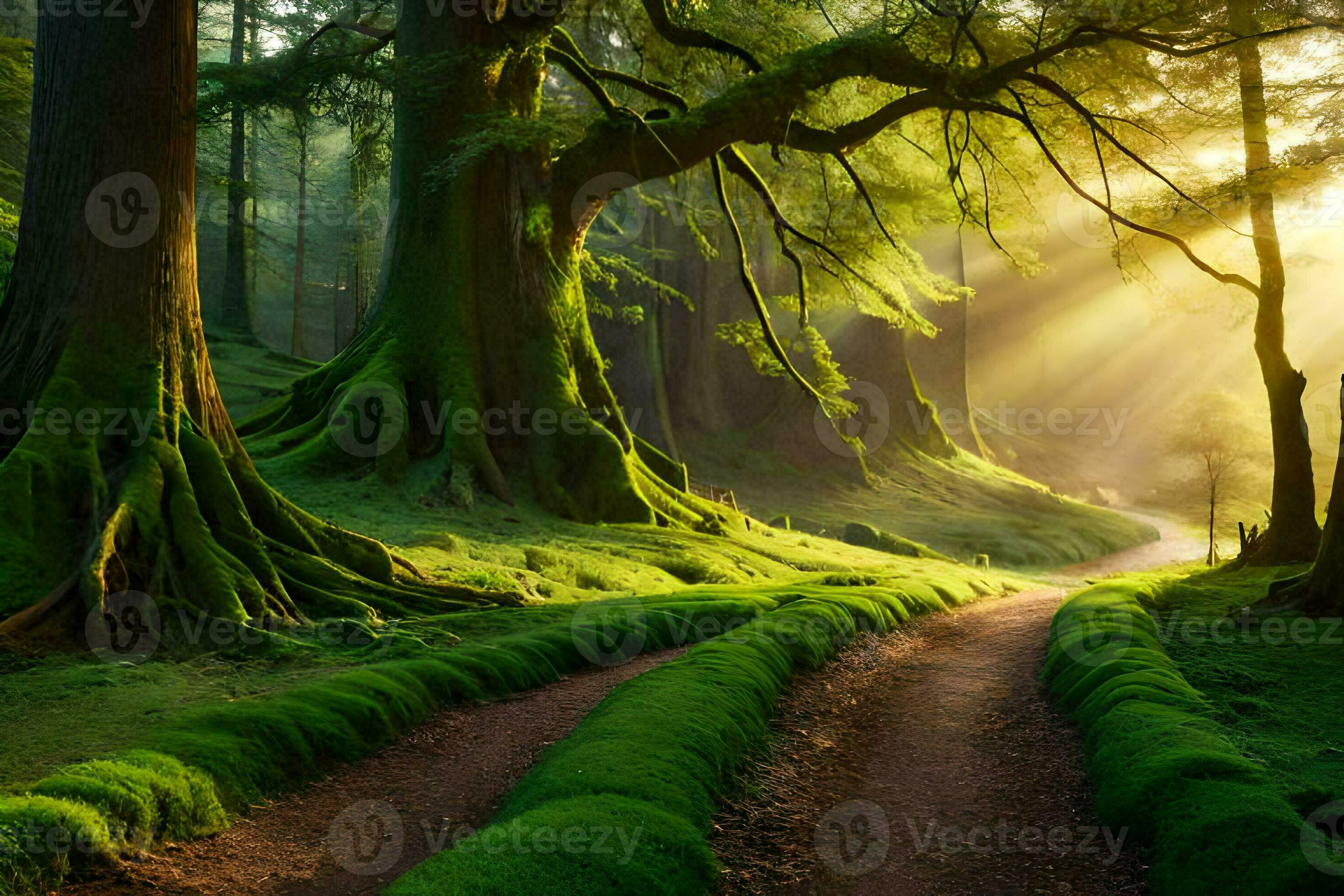 a path through a forest with trees and moss. AI-Generated 33623046 Stock Photo at Vecteezy