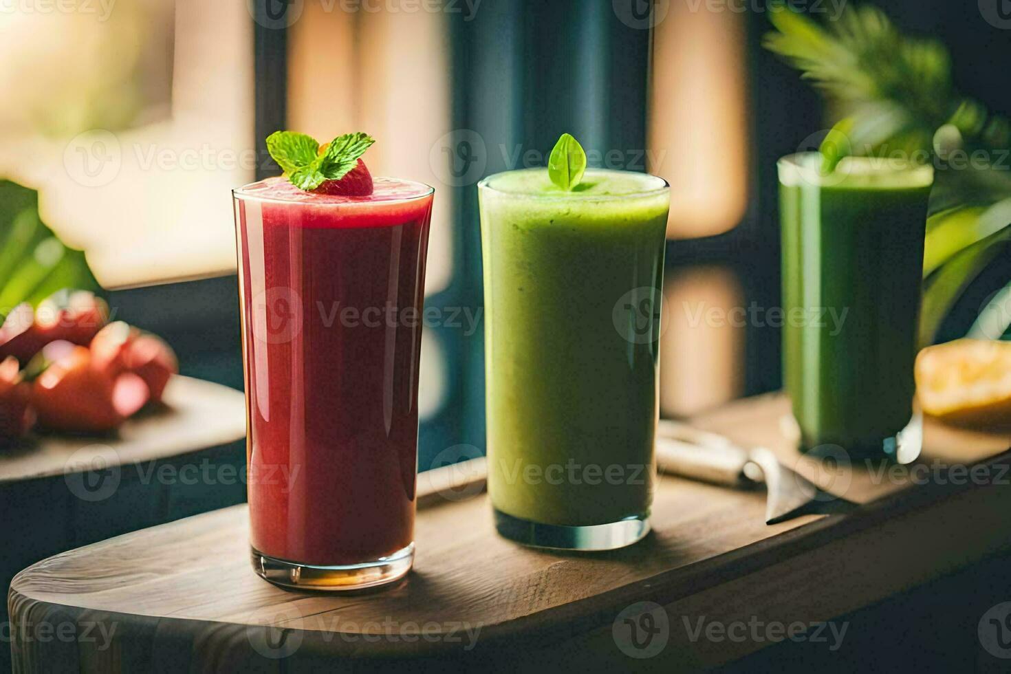three different types of smoothies on a table. AI-Generated 33627715 Stock Photo at Vecteezy