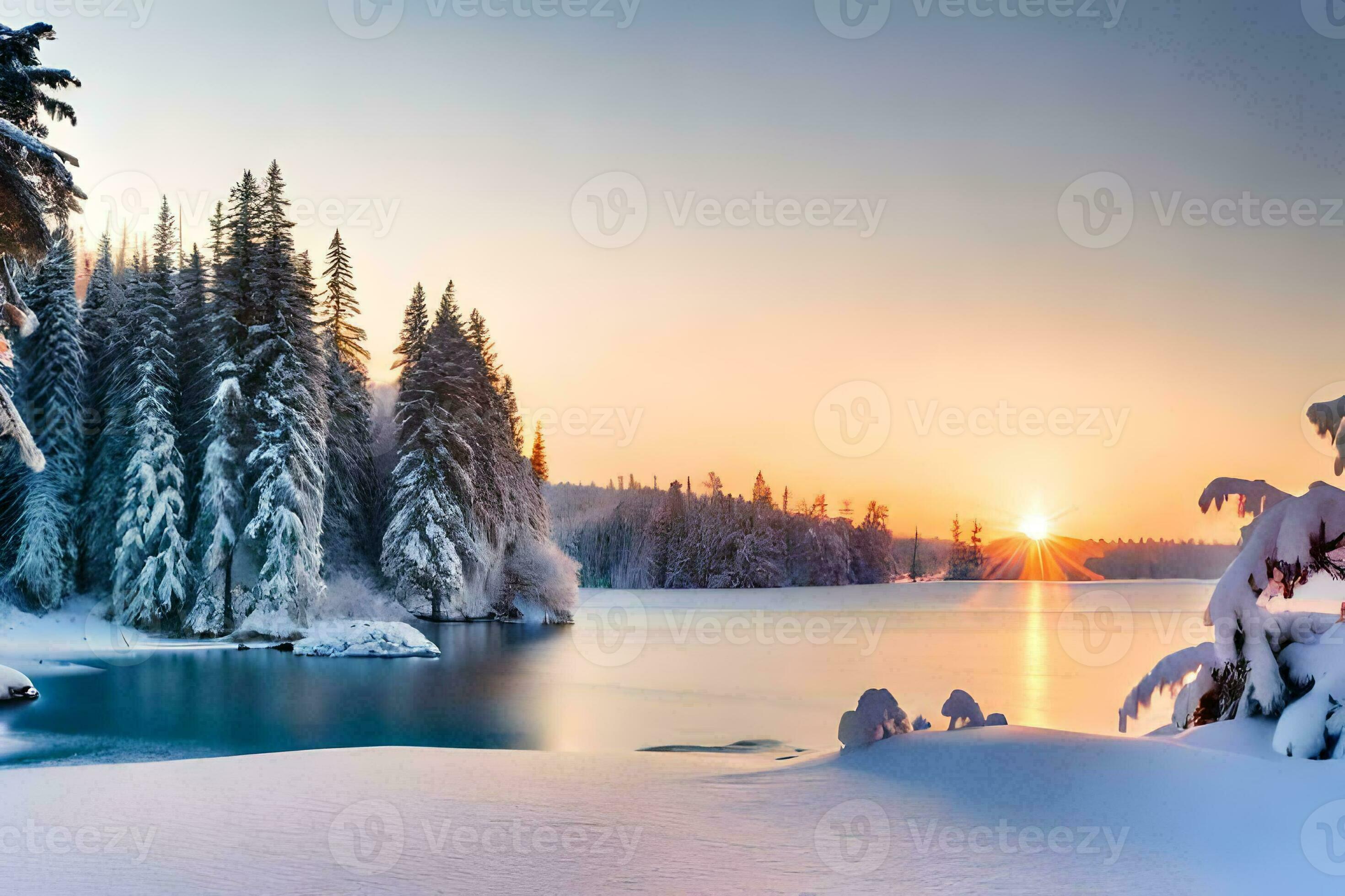 photo wallpaper the sky, snow, trees, lake, the sun, winter, the forest ...