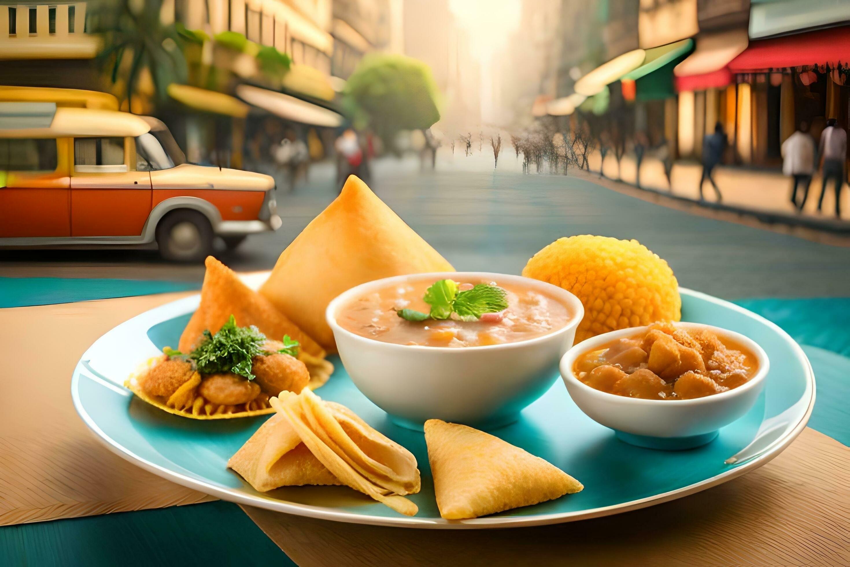 A Plate With Food On It And A Bus In The Background Ai Generated