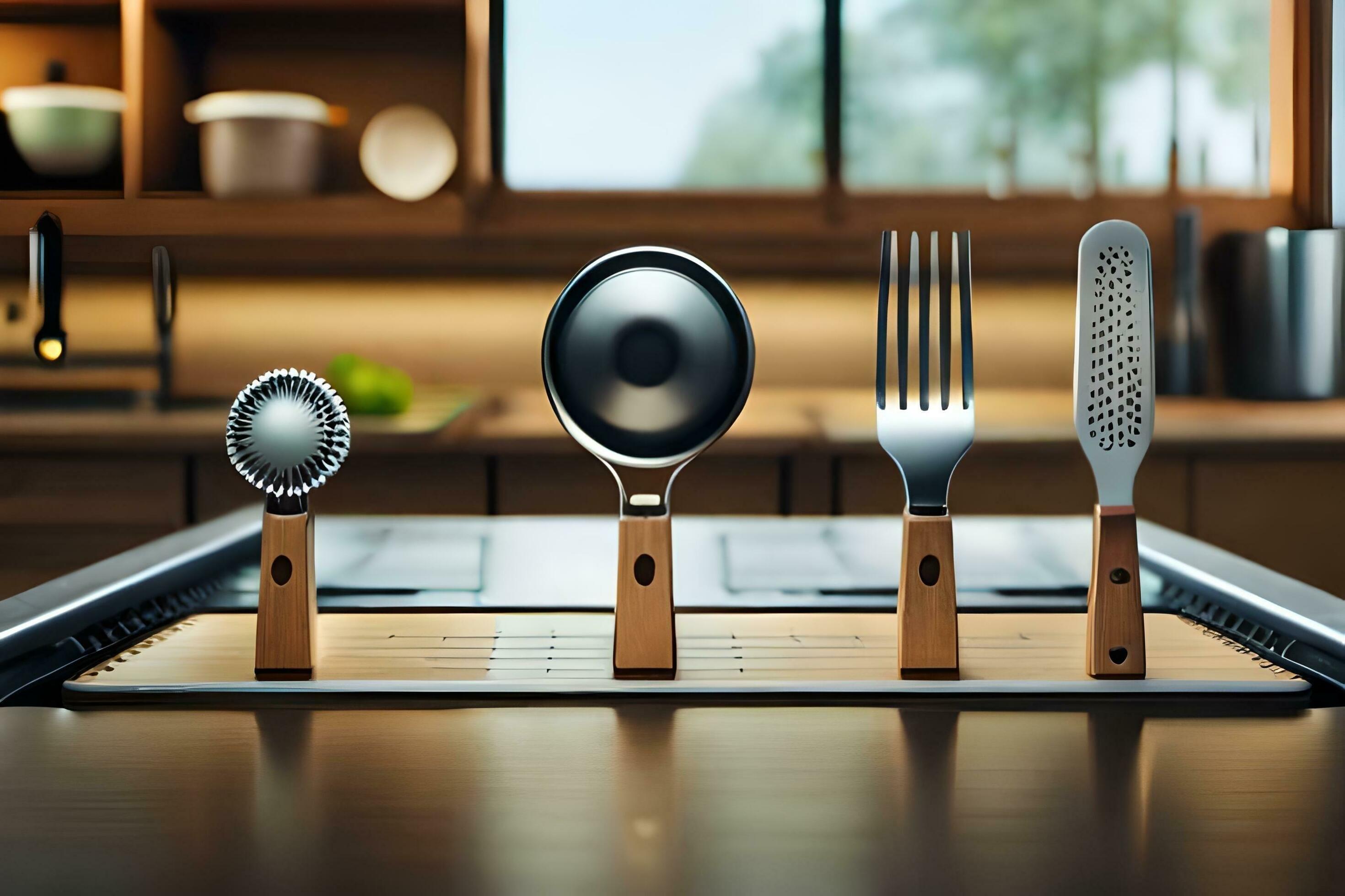 a kitchen utensil rack with four forks and spoons. AI-Generated 33634909 Stock Photo at Vecteezy