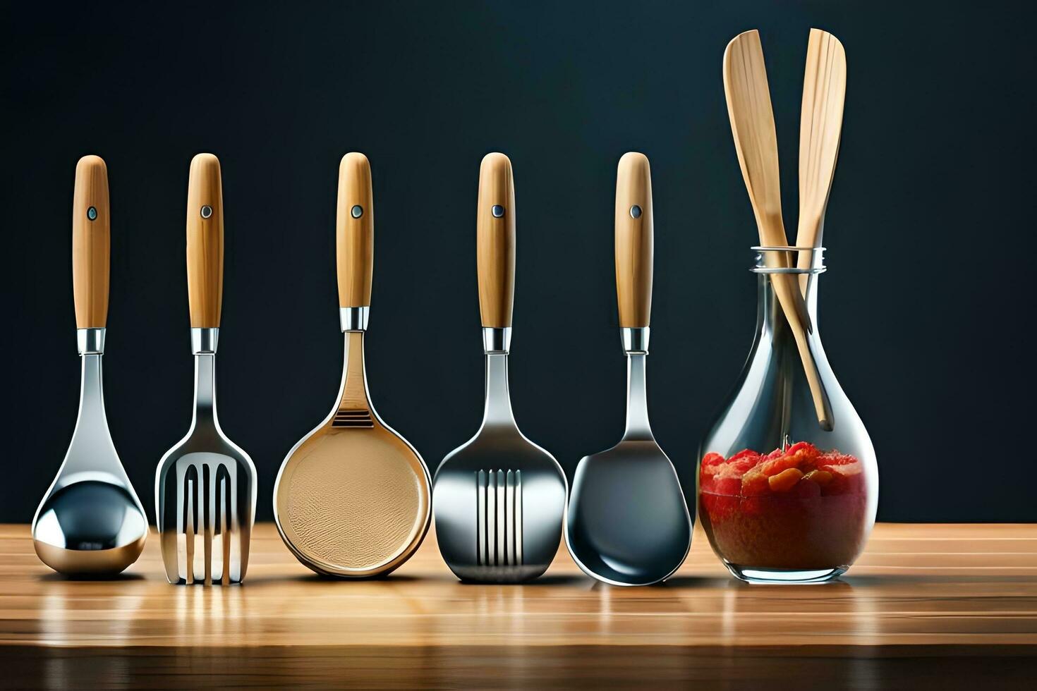 a group of five spoons and a wooden spoon. AI-Generated 33634938 Stock Photo at Vecteezy