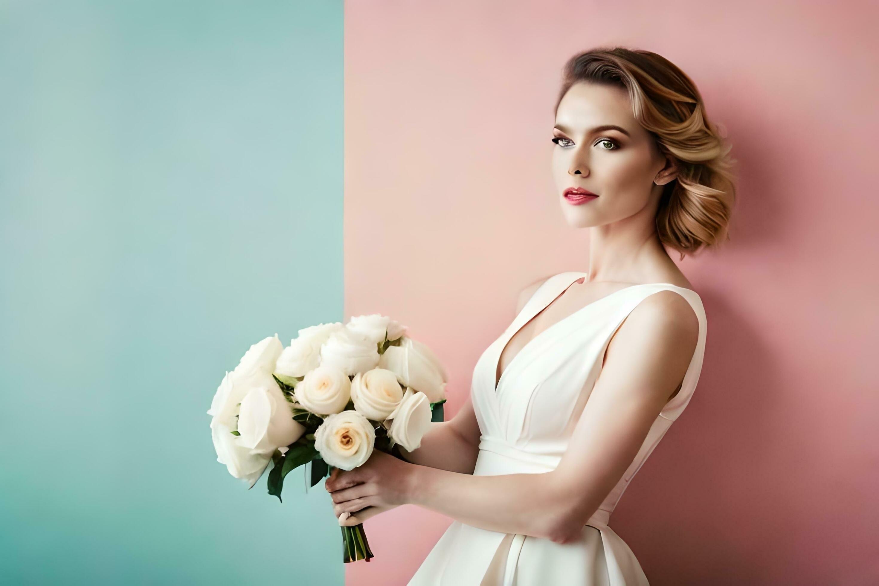 Beautiful Woman In White Dress Holding Bouquet Of Flowers Ai Generated
