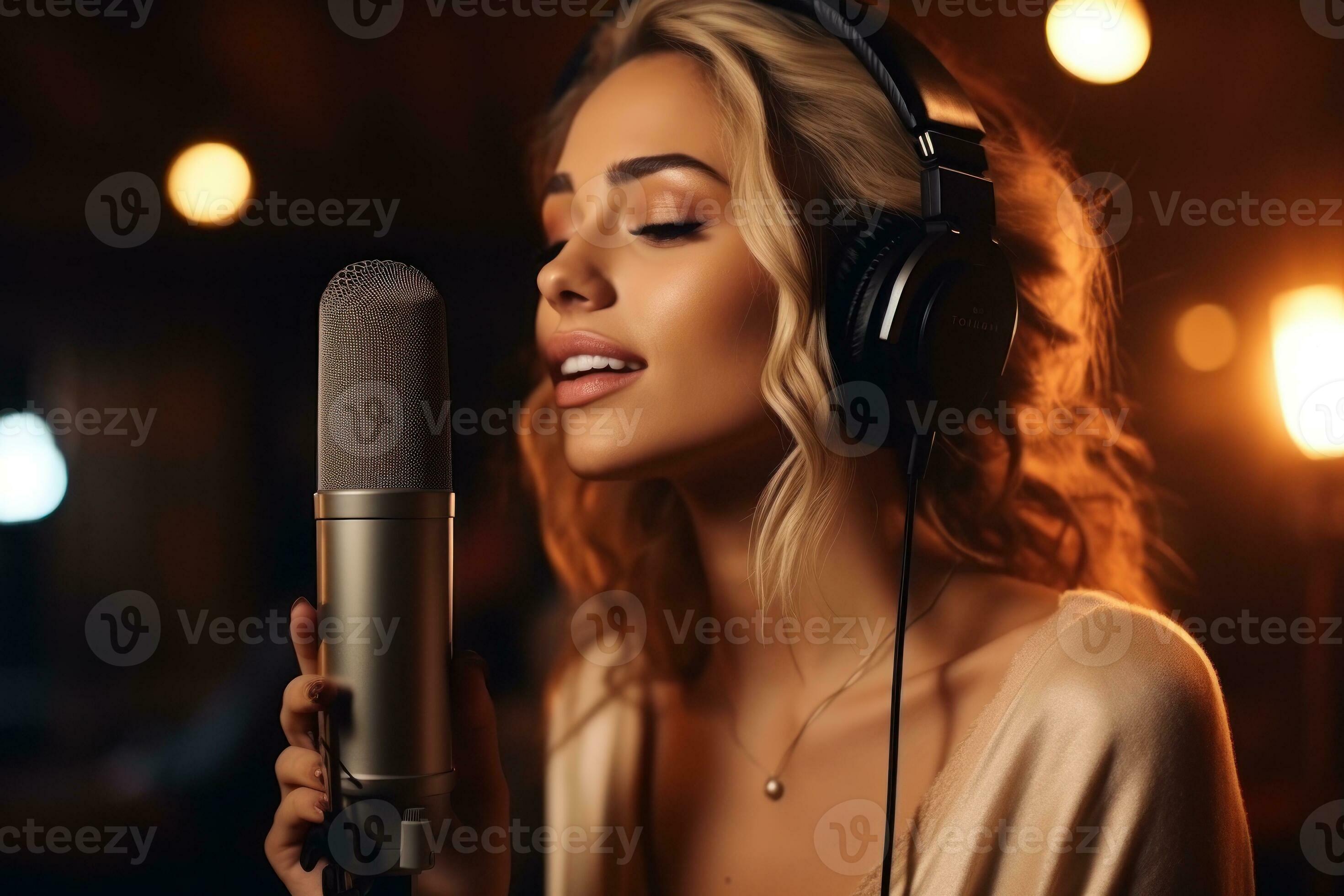 Beautiful woman recording a song in record studio, singing, expressing her talent as a singer ...