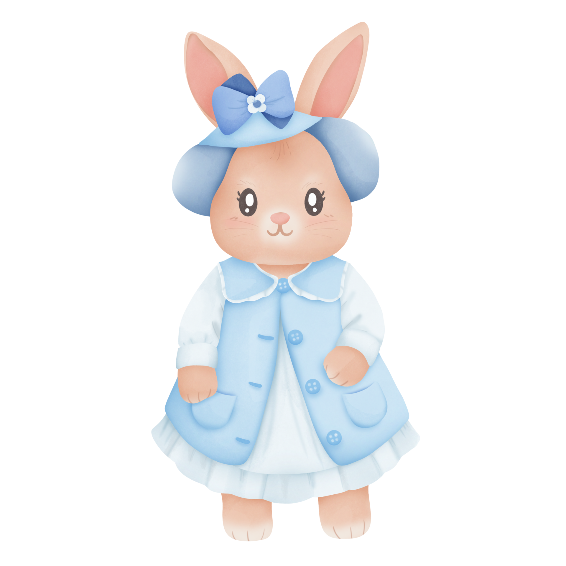 Watercolor Cute Rabbit In Blue Dress For Decoration Invitation And