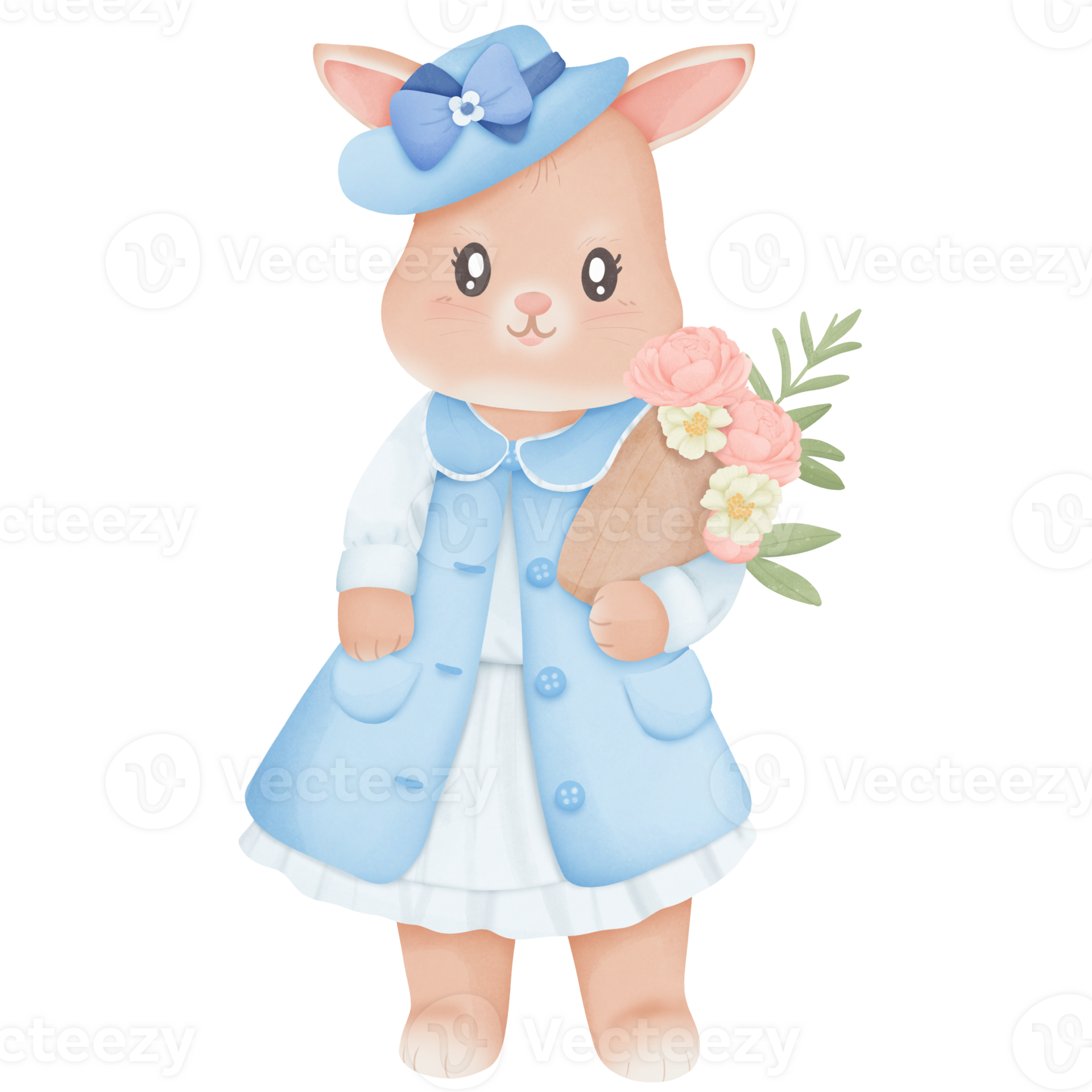 Watercolor Cute Rabbit In Blue Dress For Decoration Invitation And