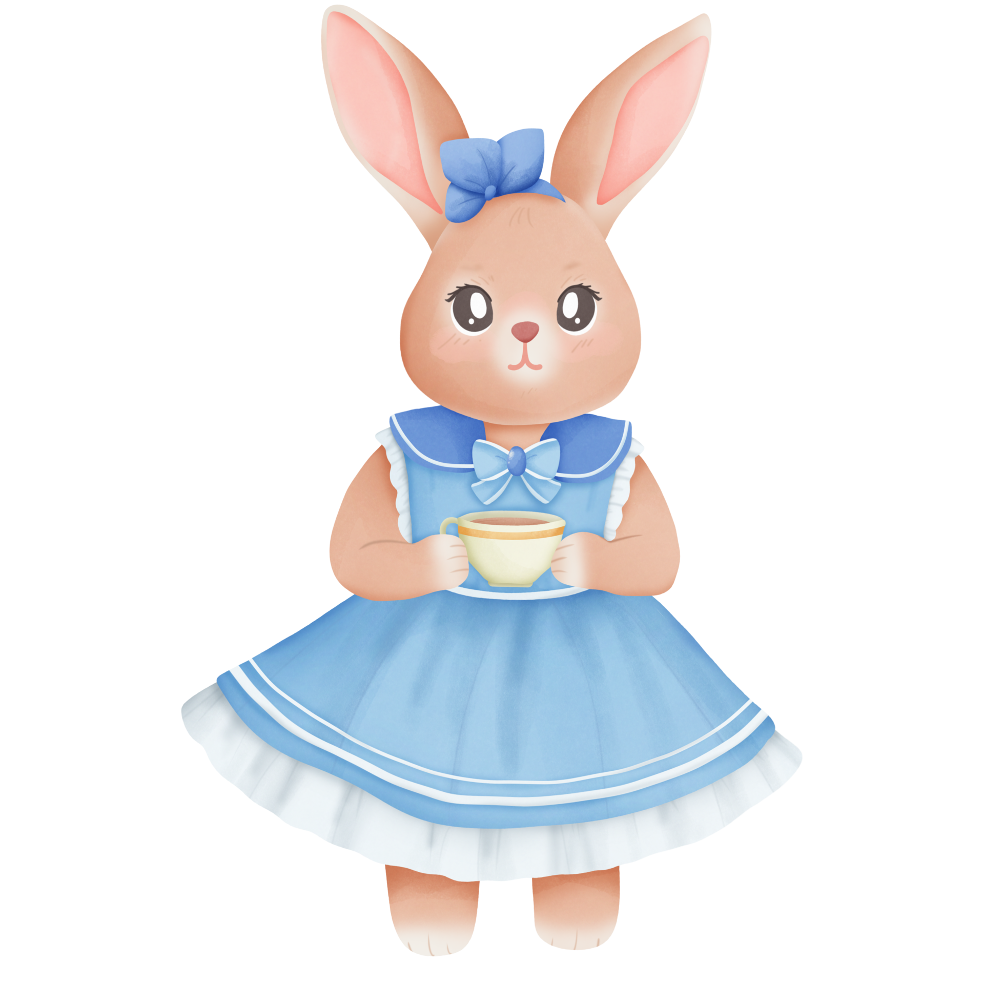 Watercolor Cute Rabbit In Blue Dress For Decoration Invitation And