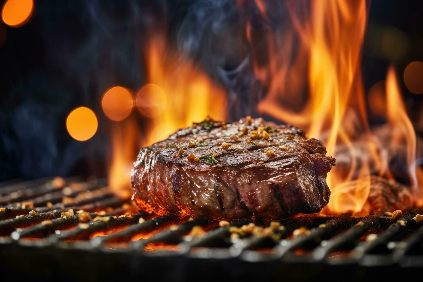Grilled beef steak on the grill with flames and bokeh background ...