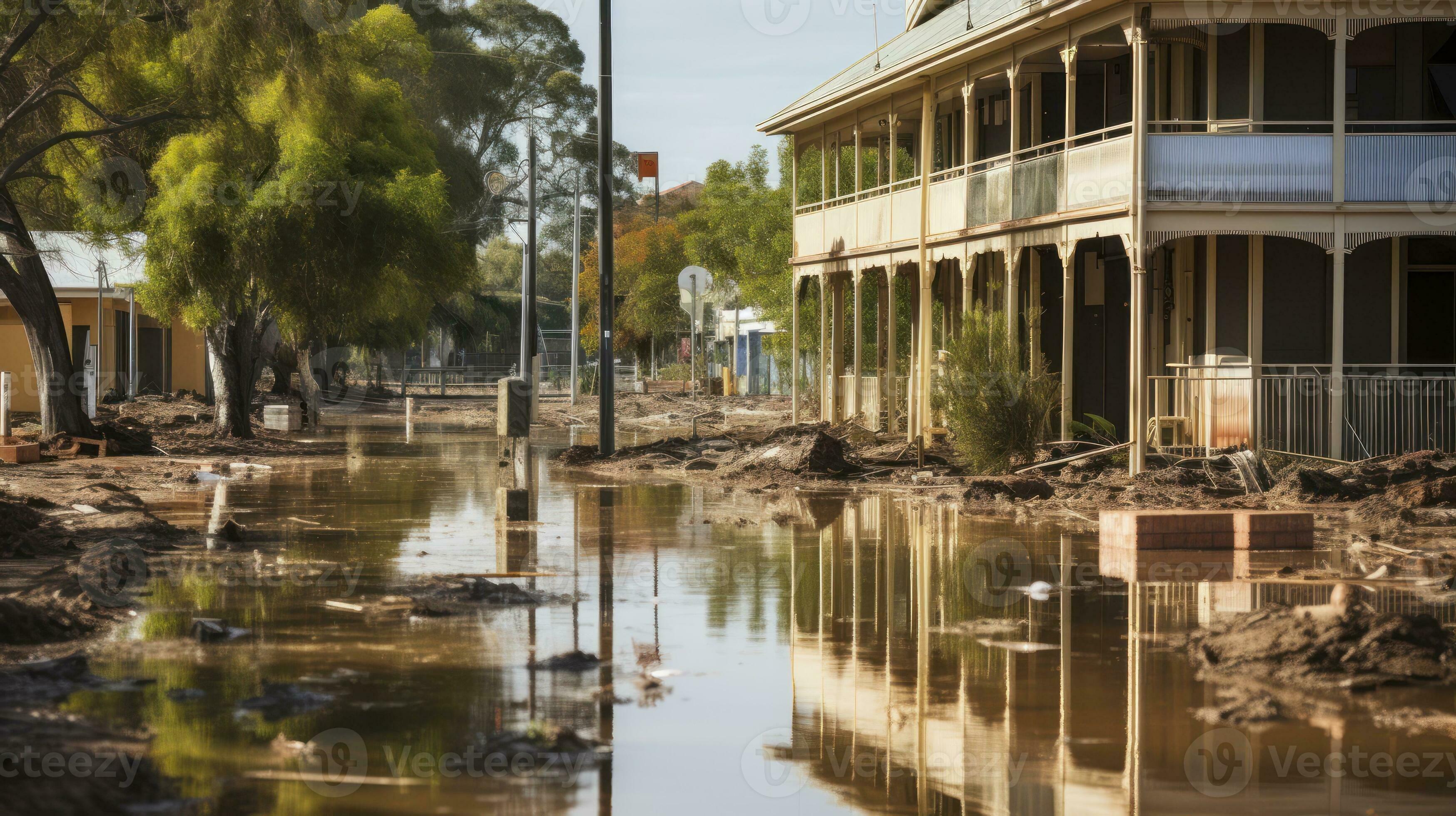Damaged Buildings in the Wake of Overflow. Generative AI 33651127 Stock ...