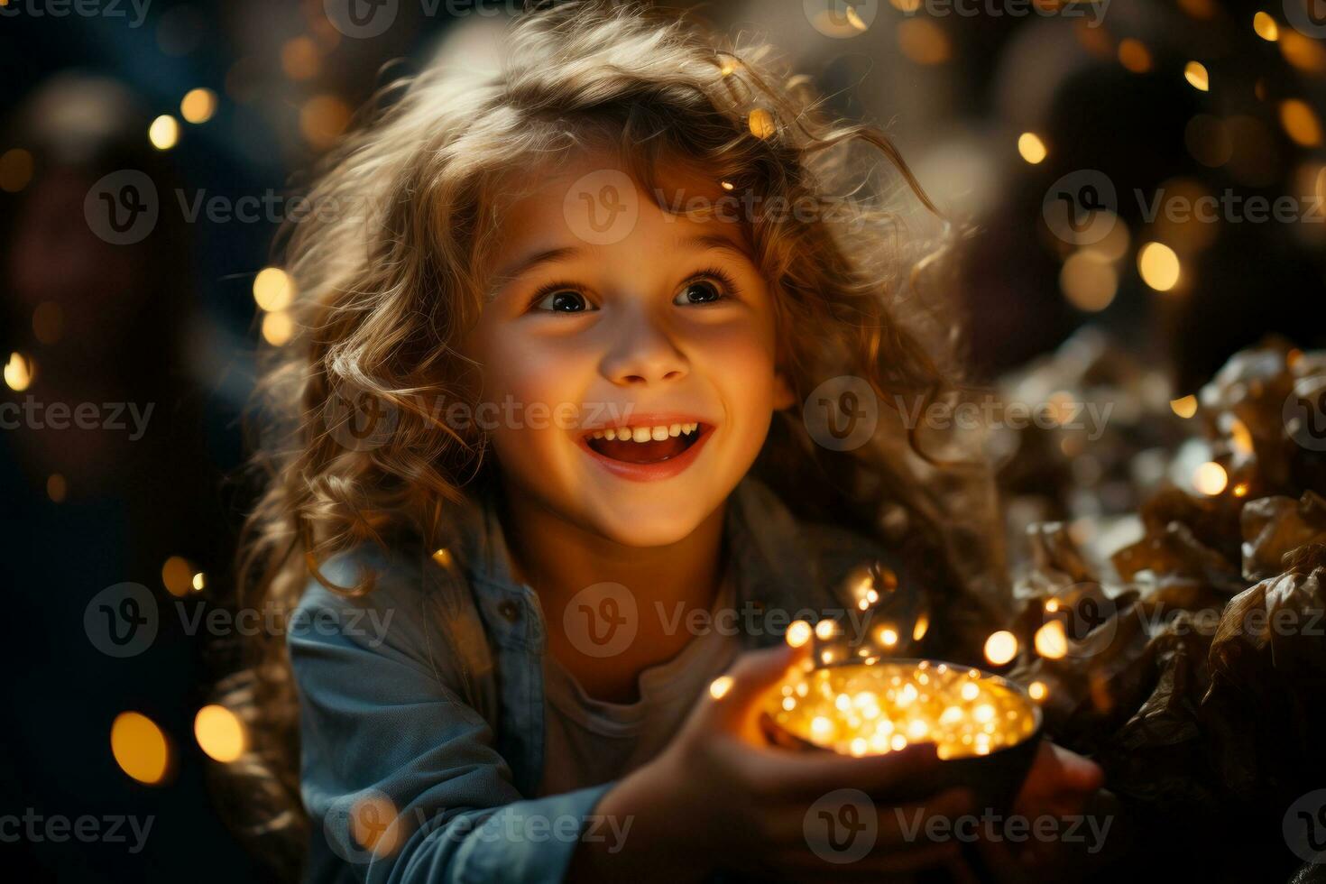 A child opening a gift box, with a burst of magical light and ...