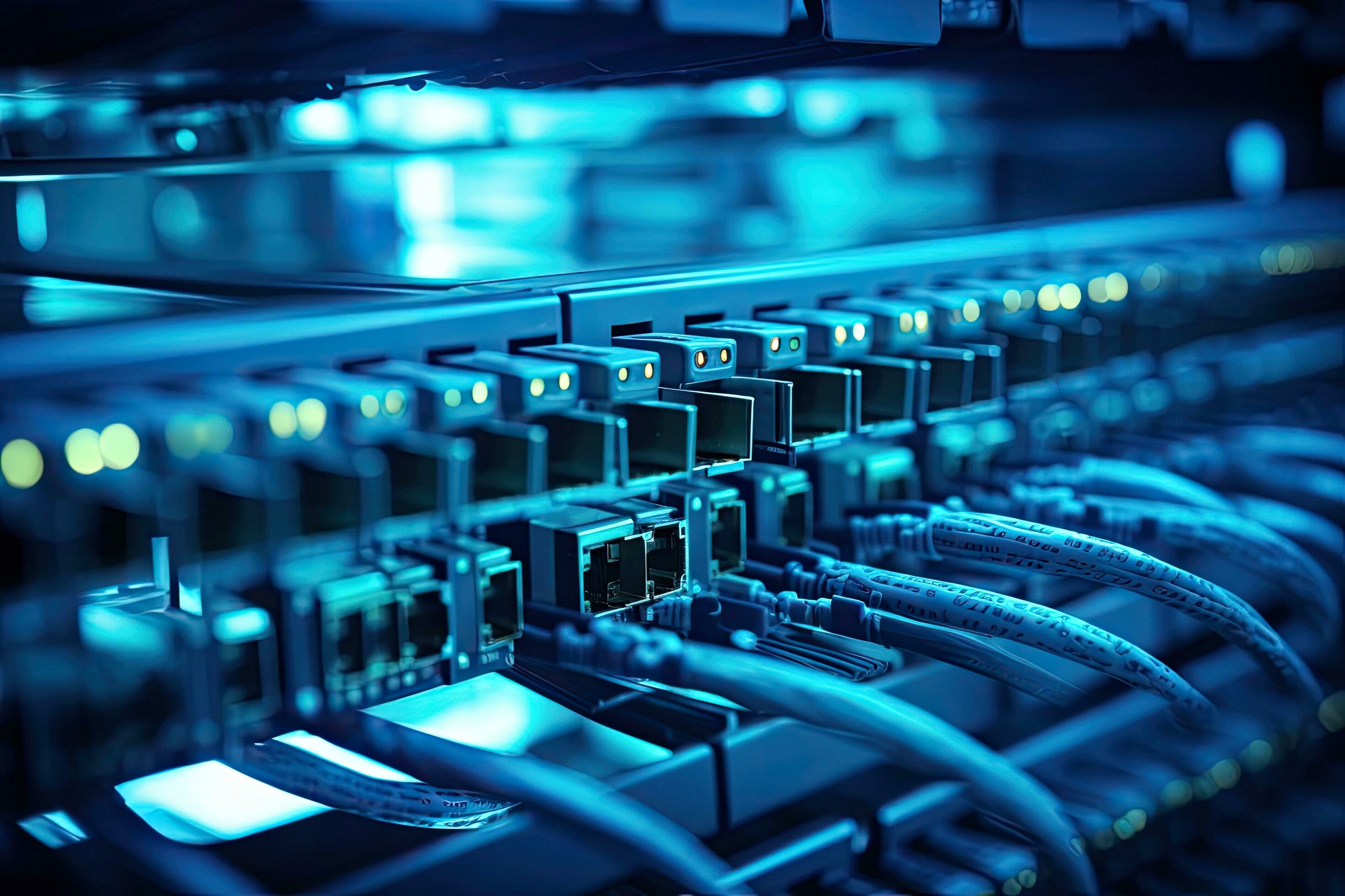 Network Cables Connected To Switch Close Up Of Data Center Hardware Technology Network Cables