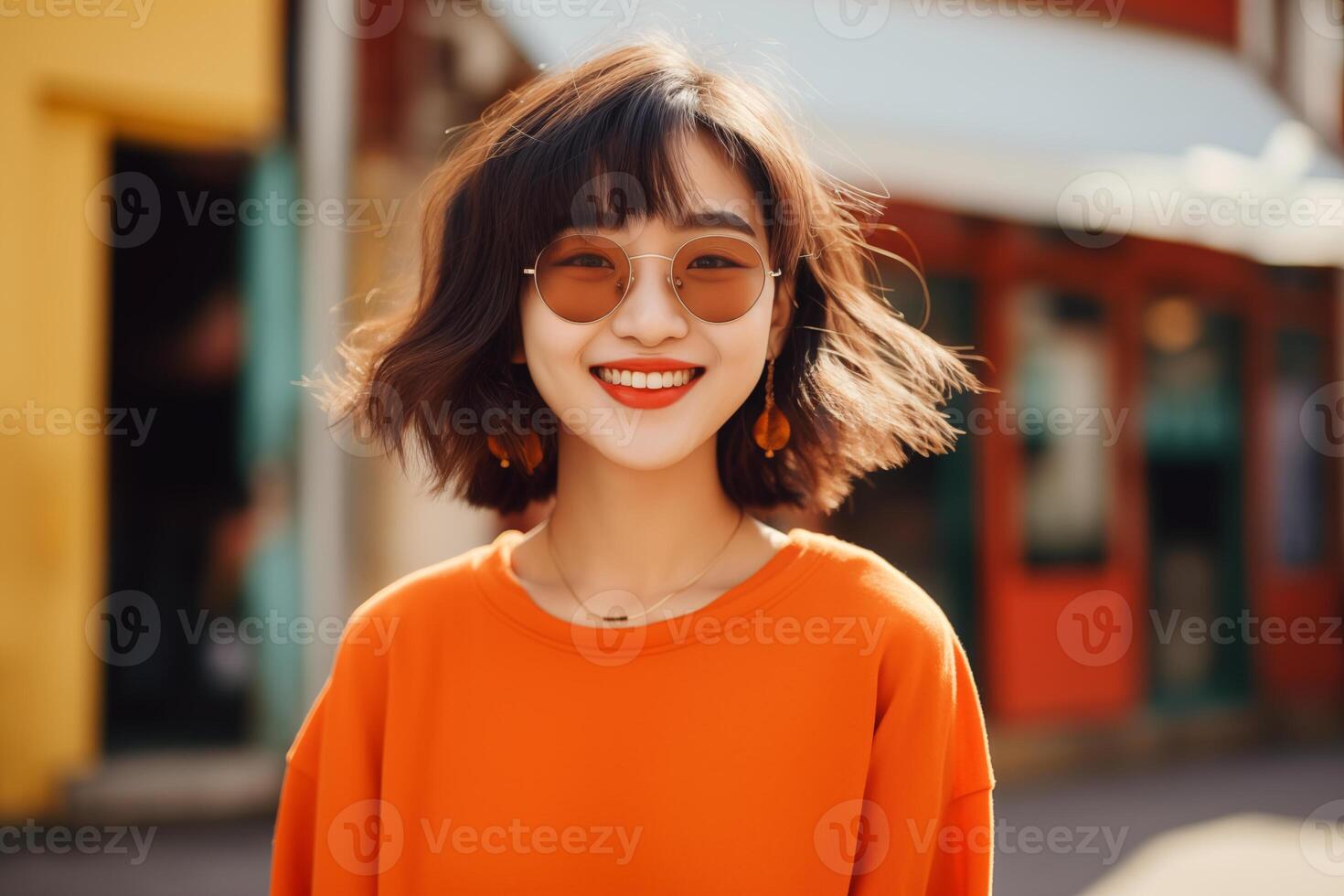 Beautiful and cheerful asian girl standing in sidewalk AI generative 33661800 Stock Photo at ...