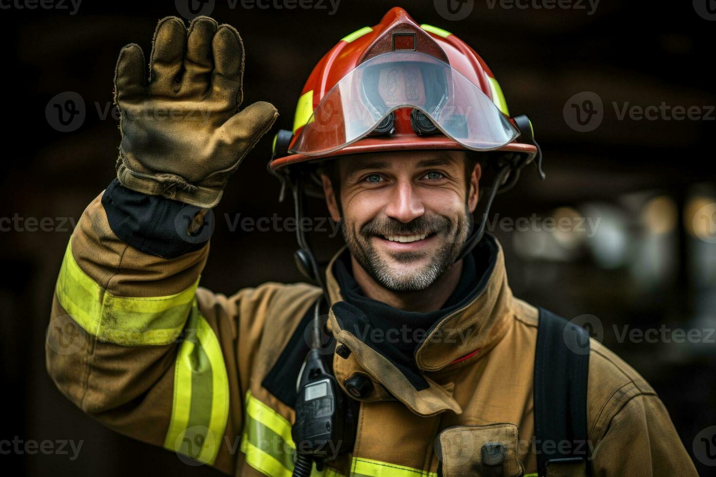 fire fighter showing OK approve or like signal with thumb raise up ...