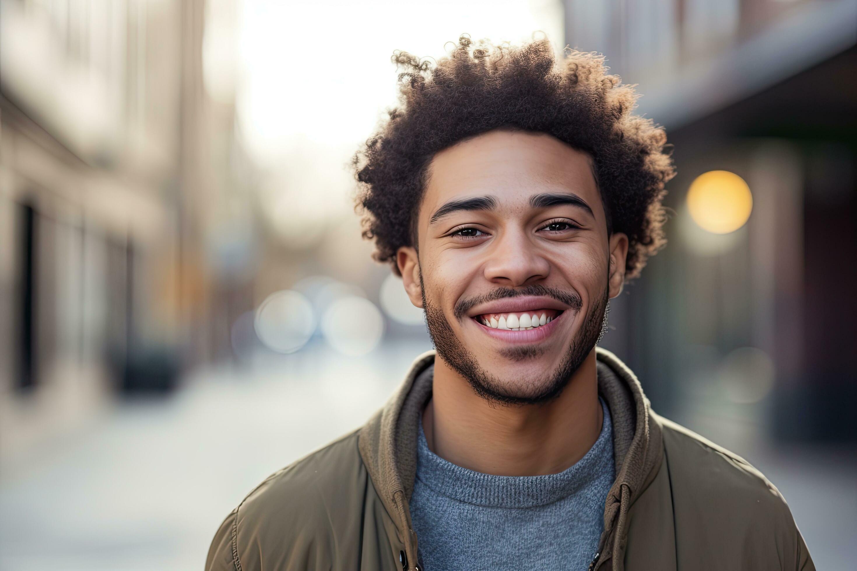 Portrait Of Handsome Young Man With Afro Hairstyle In The City Mixed Race Man Smiling Ai