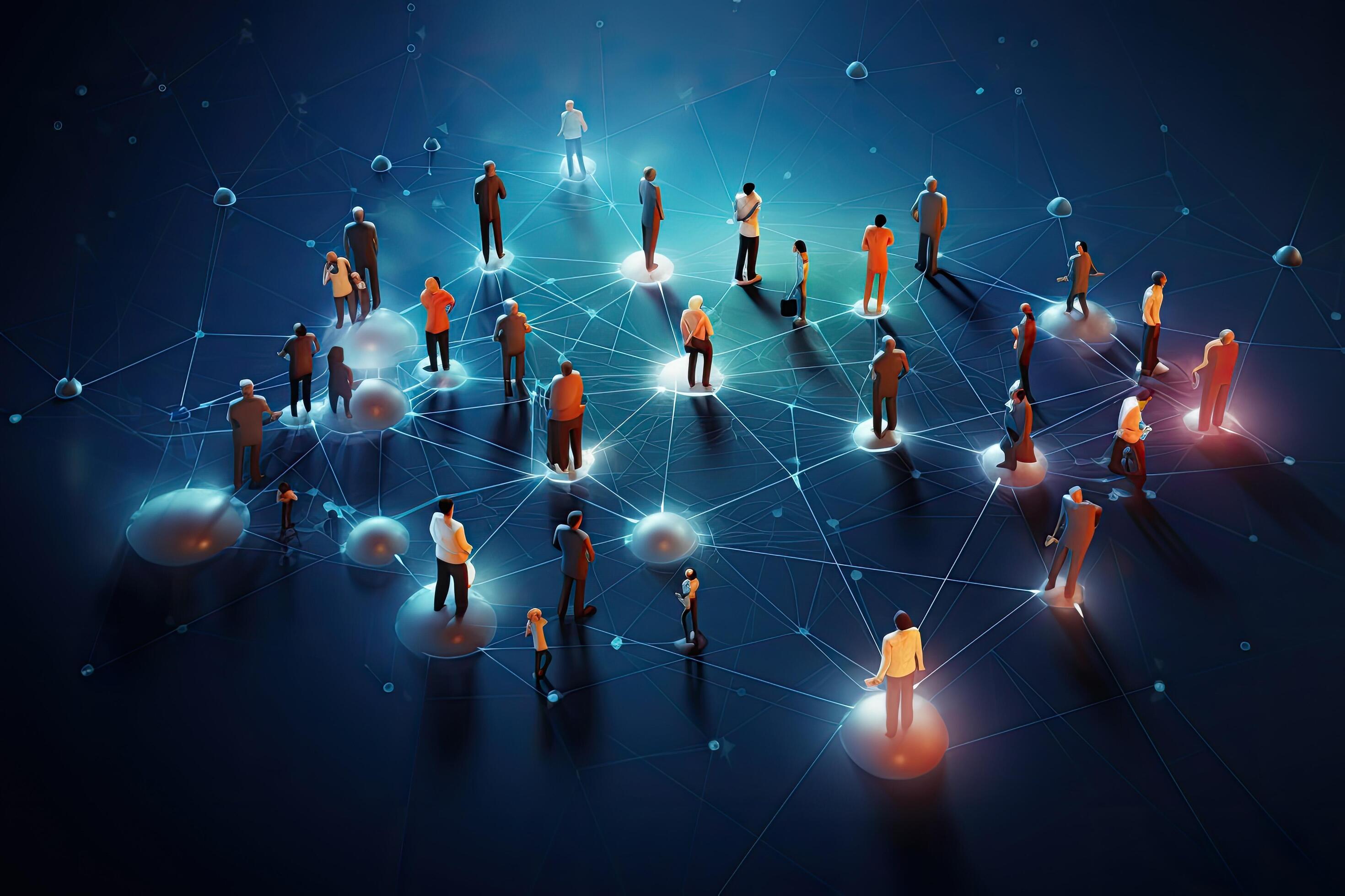 Social network concept with 3d people on dark blue background. 3D ...