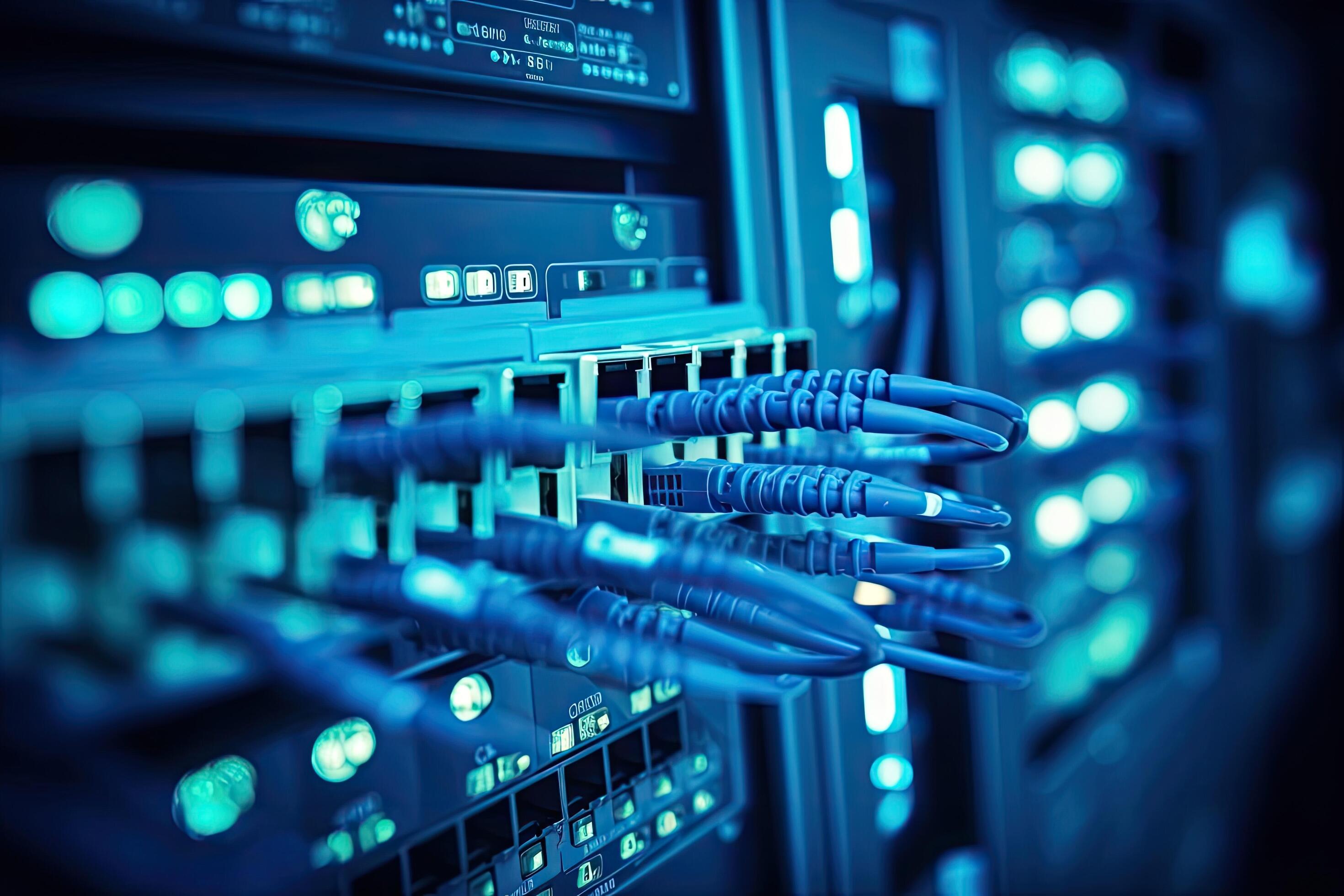 Fiber Optic cables connected to network switch in data center, Network cables connected into ...