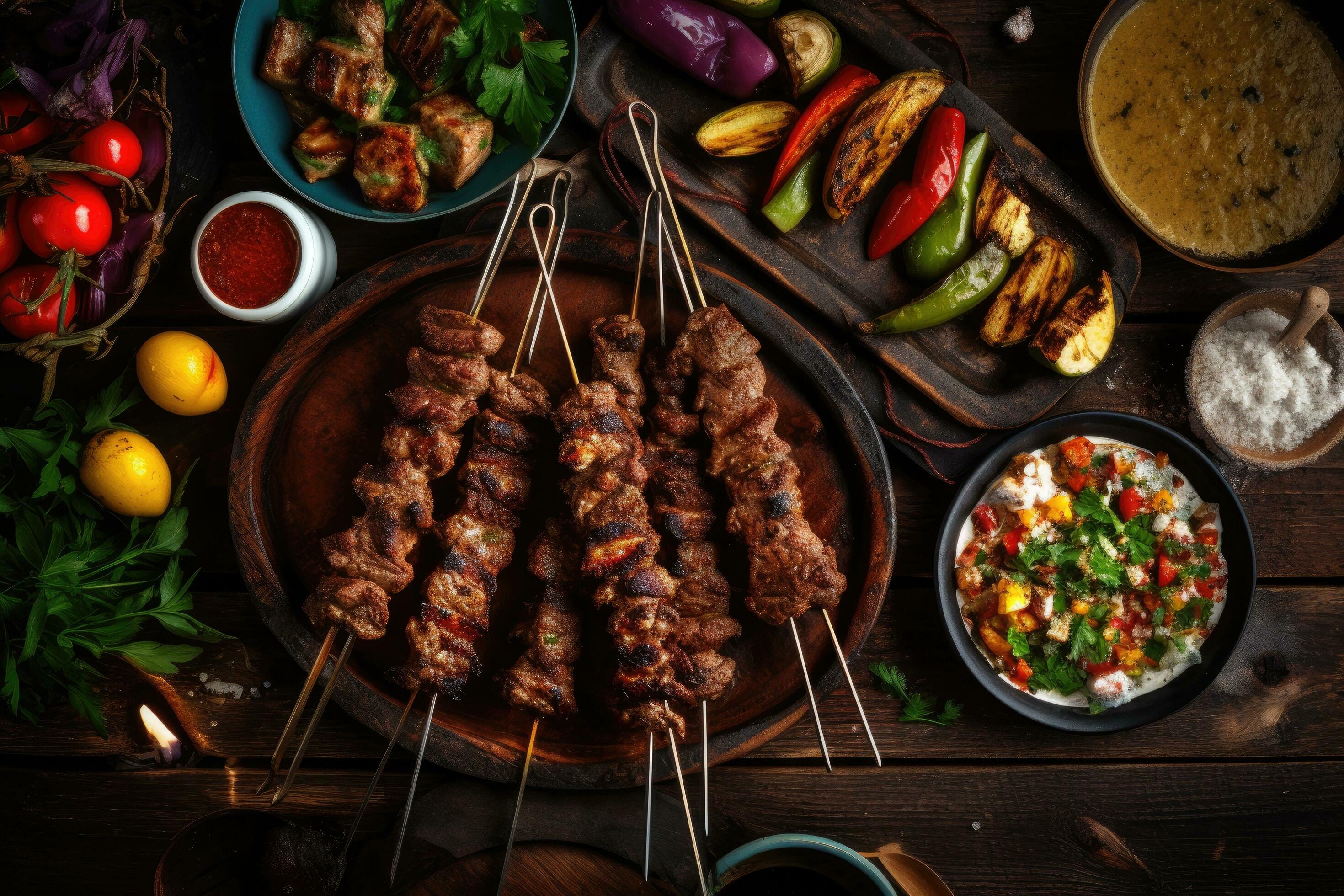 Grilled kebab on skewers with vegetables on wooden background, Middle ...