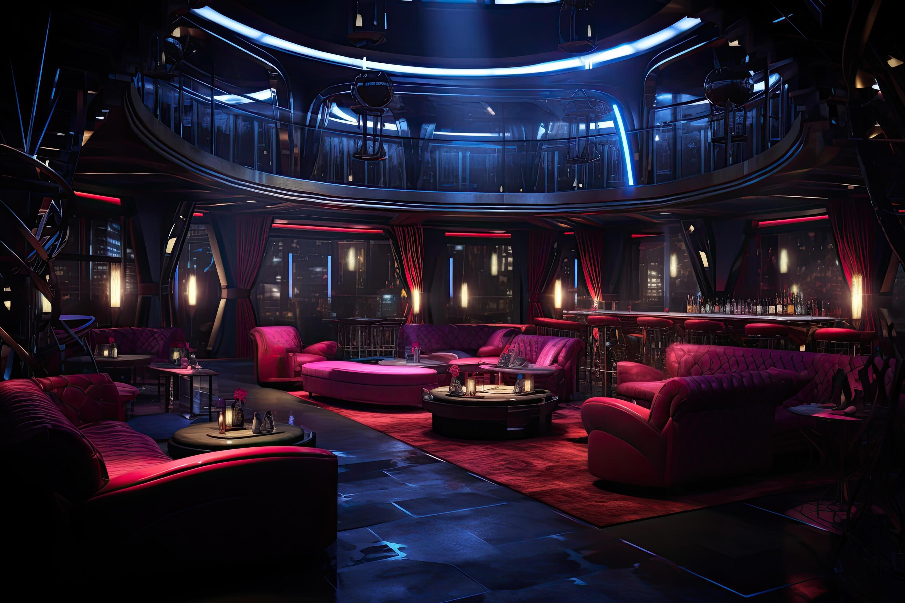 Interior of the night club. Night club with red armchairs, night club interior, AI Generated ...