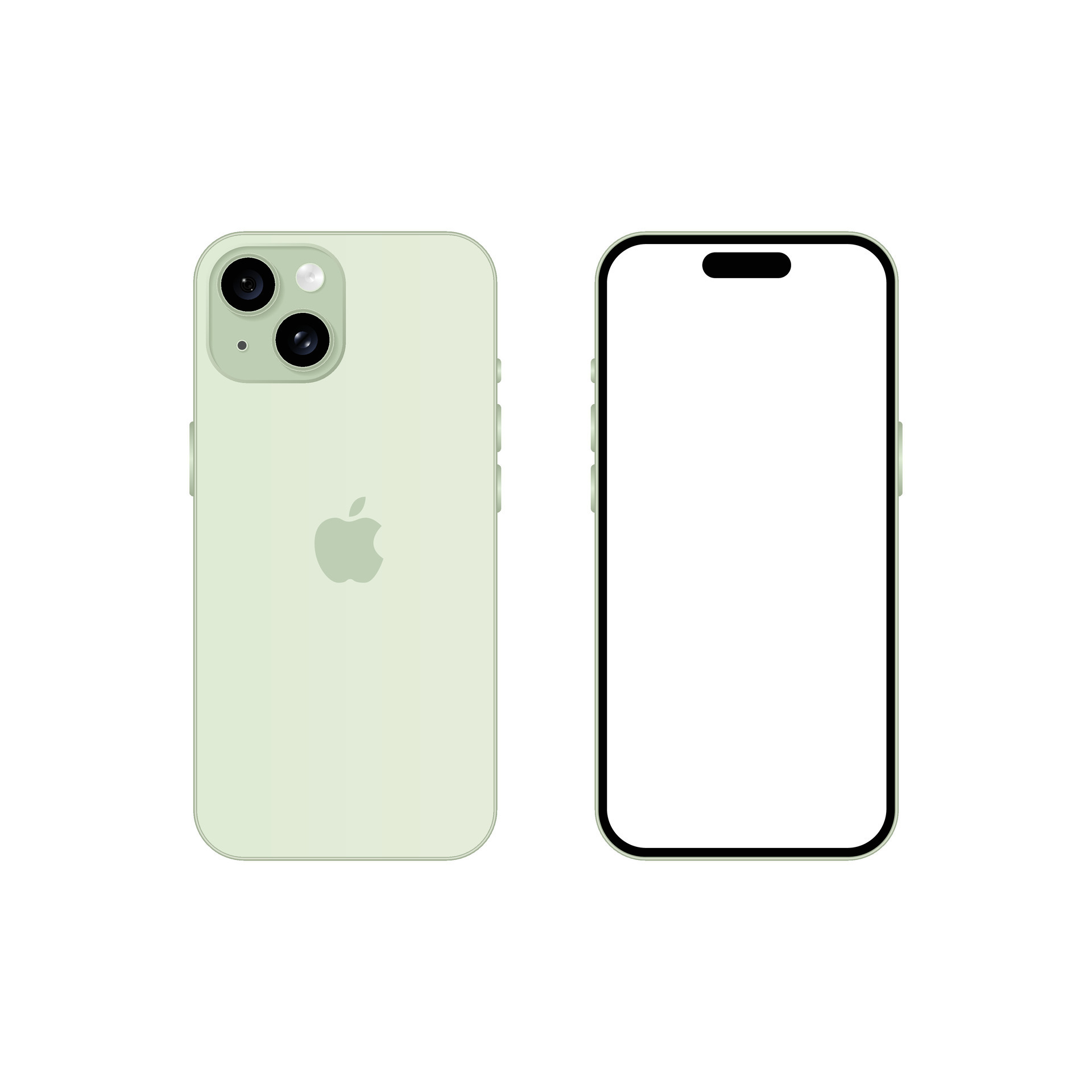 Iphone 15 Model Green Color Front View And Back View Vector Mockup