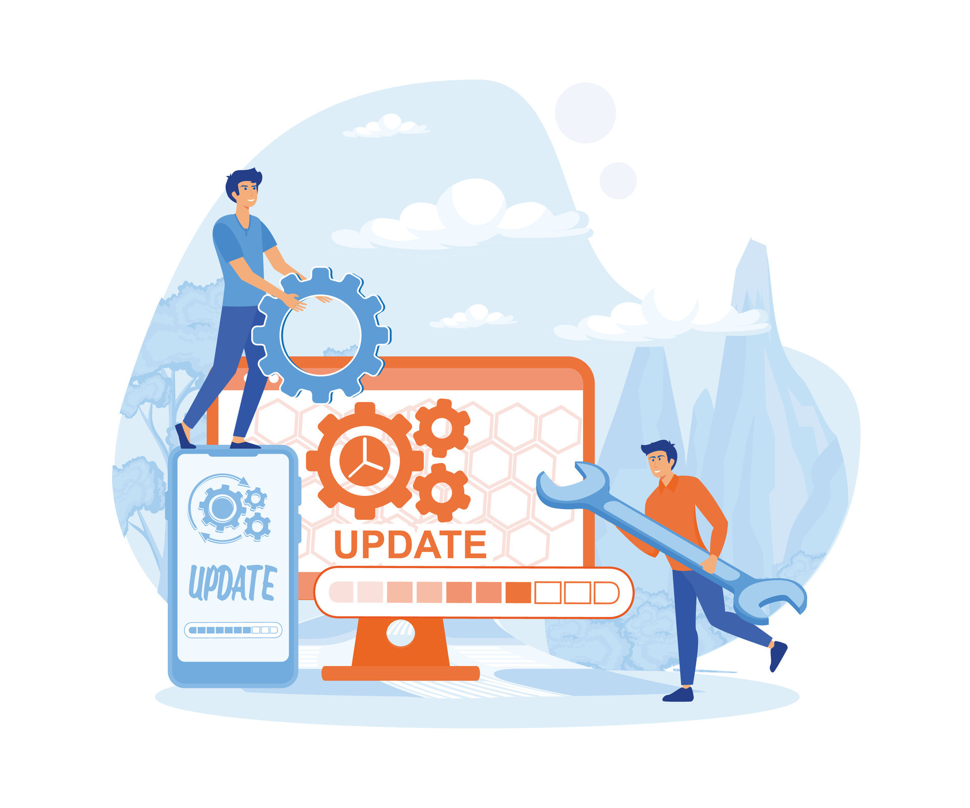 Update Software Mini People Work With Upgrade System Flat Vector
