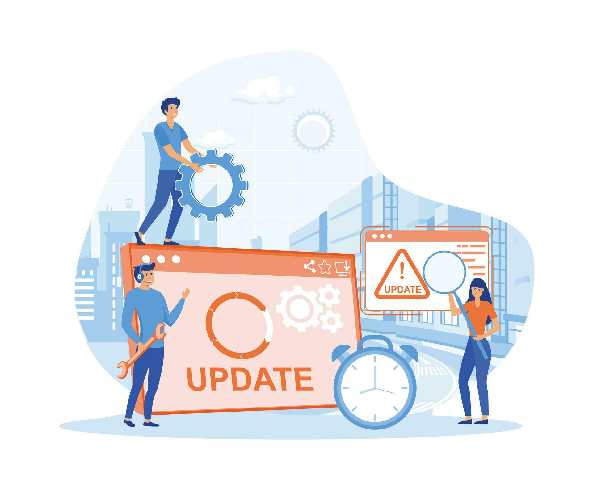 System Update. Tiny programmers upgrading operating system. flat vector ... System Update. Tiny programmers upgrading operating system. flat vector ...