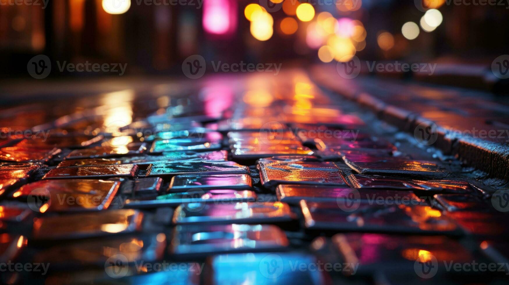 Reflections Of Lights On The Wet Road Surface Paving Stones After Rain