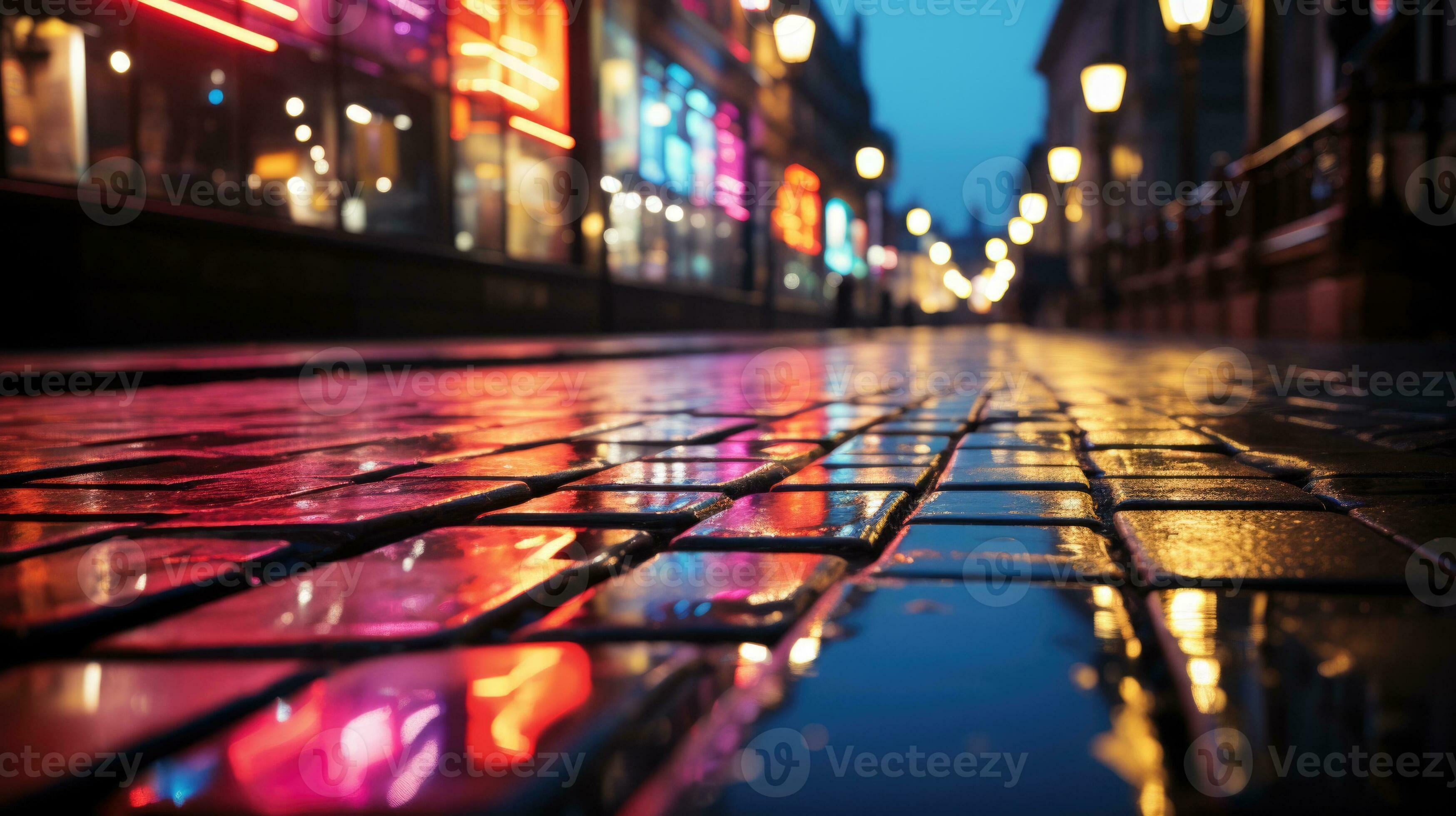 Reflections Of Lights On The Wet Road Surface Paving Stones After Rain