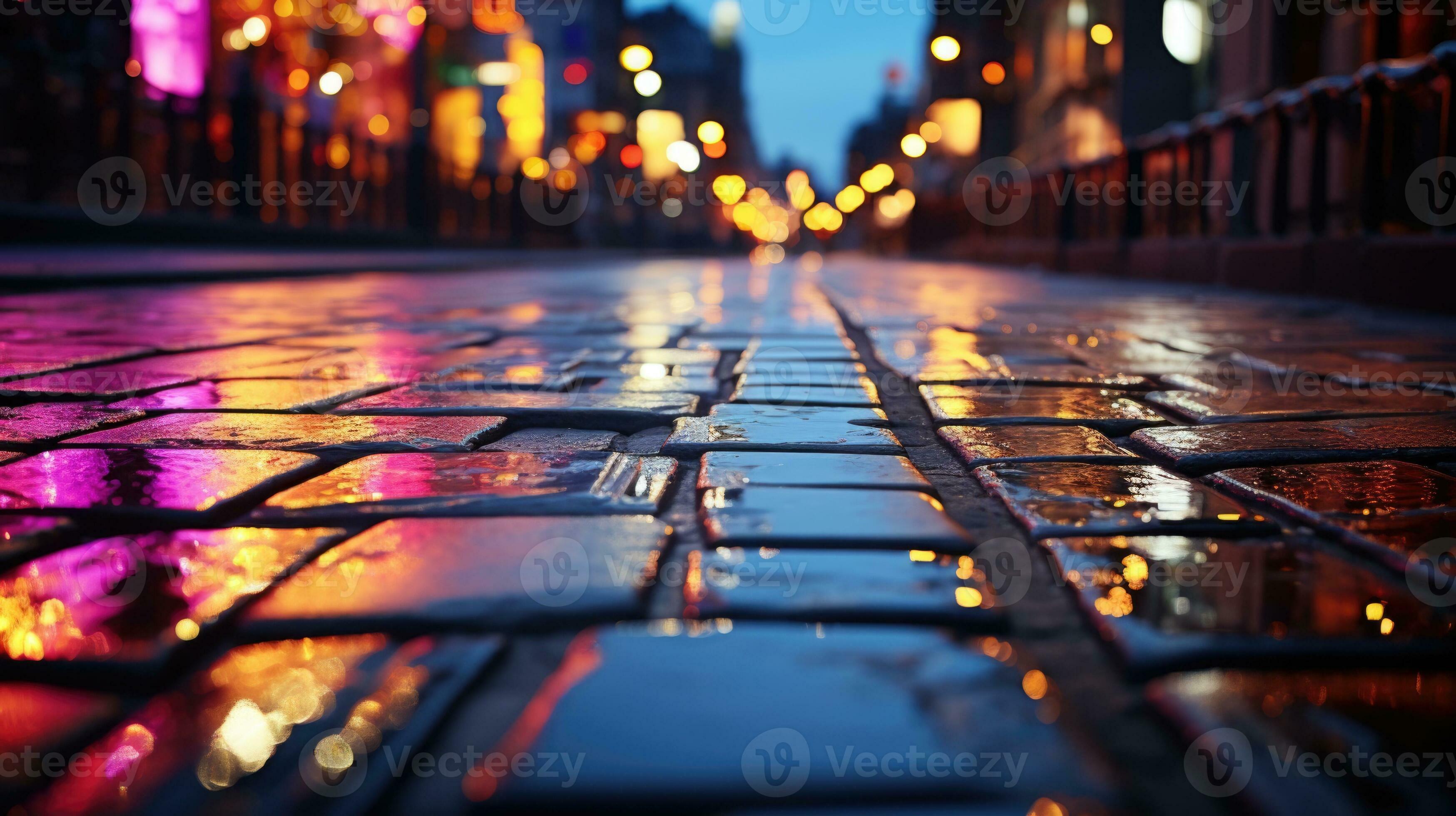 Reflections Of Lights On The Wet Road Surface Paving Stones After Rain