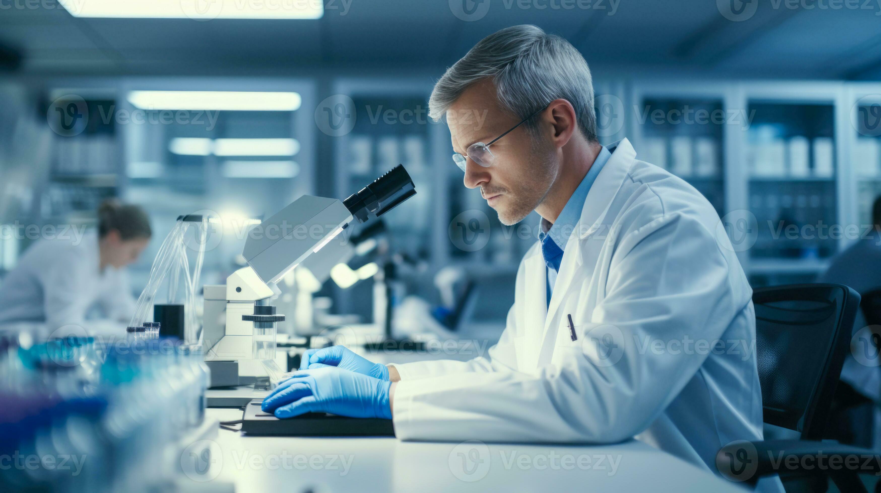 Scientists conducting research investigations in a medical laboratory, a researcher in the ...