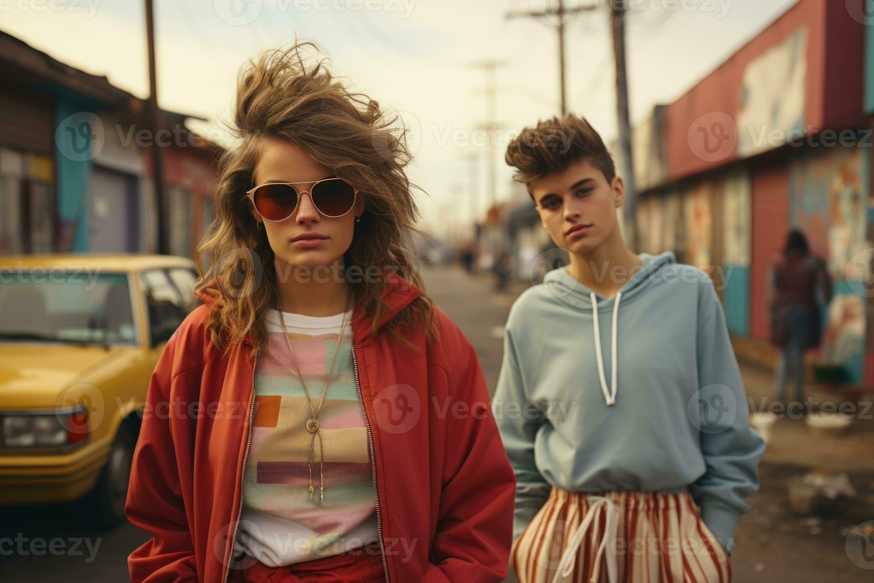 Nostalgic romance in '90s America A stylish couple strolls the streets, embracing the era's ...