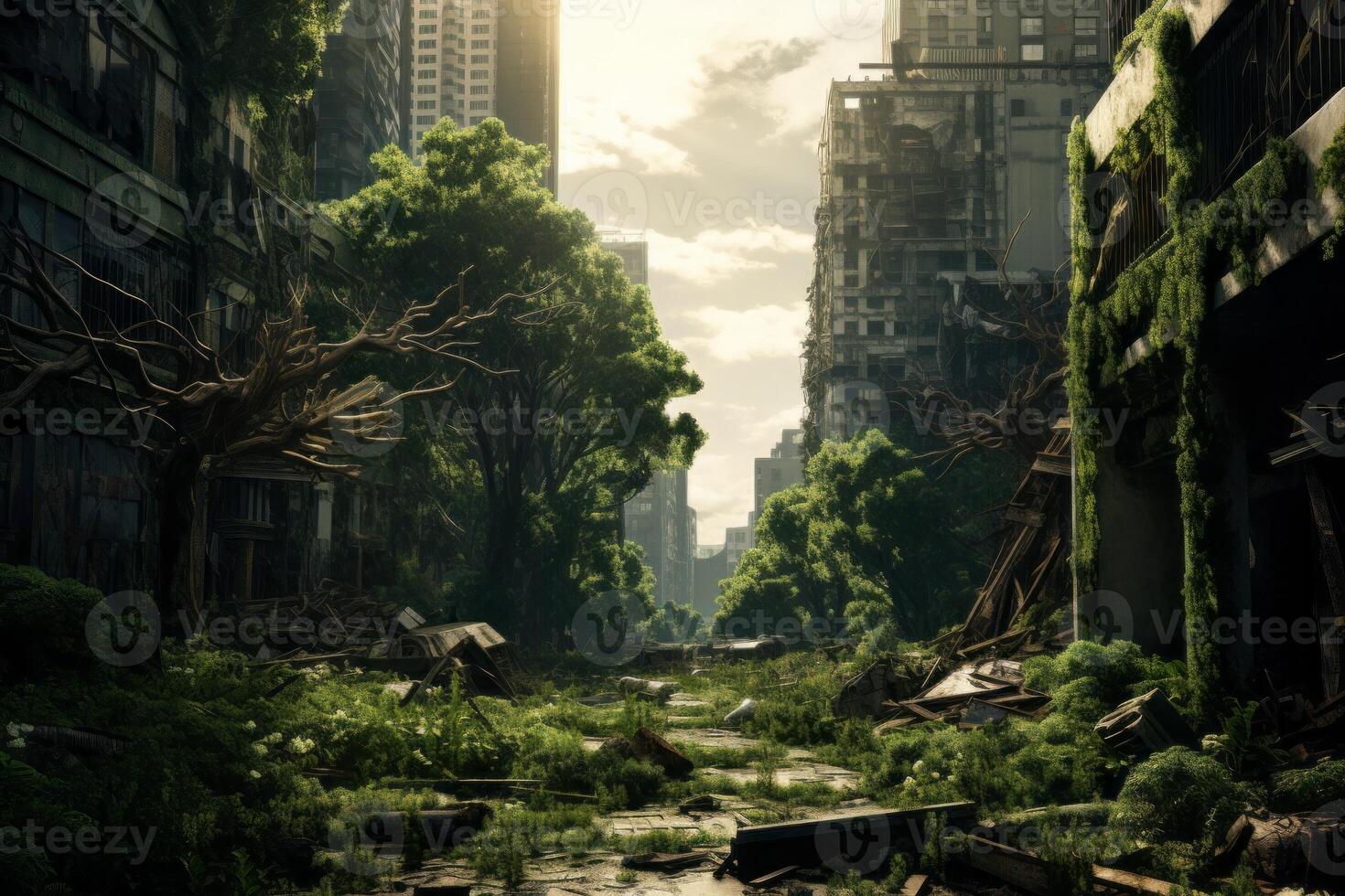 A cityscape image featuring decaying buildings, overgrown vegetation, and a sense of abandonment ...