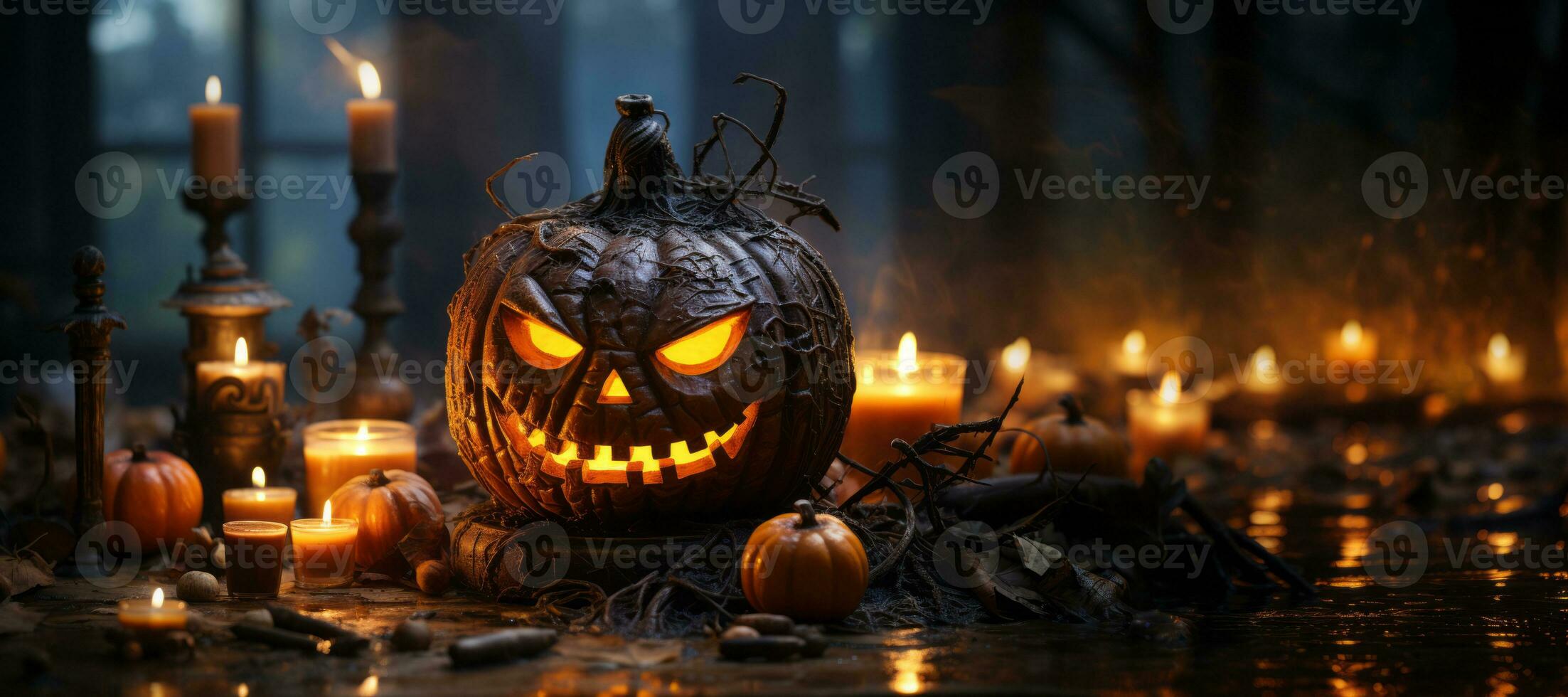 A mysterious, glowing Jack o' Lantern surrounded by thick, mystical fog, creating an eerie ...