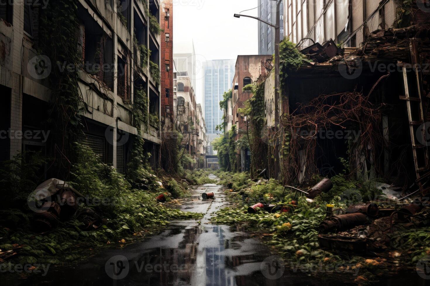 A cityscape image featuring decaying buildings, overgrown vegetation, and a sense of abandonment ...