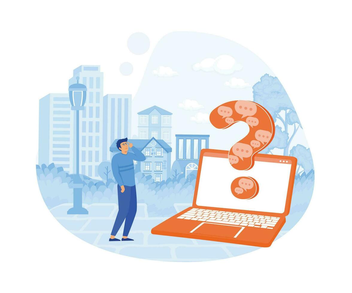 Portrait of thoughtful people. thinking or solving problem. FAQ Frequently asked questions. flat ...