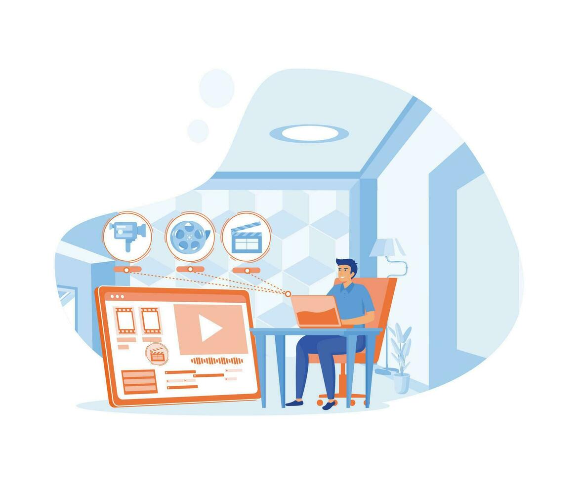 Motion designer animator working on computer creating animated video ...