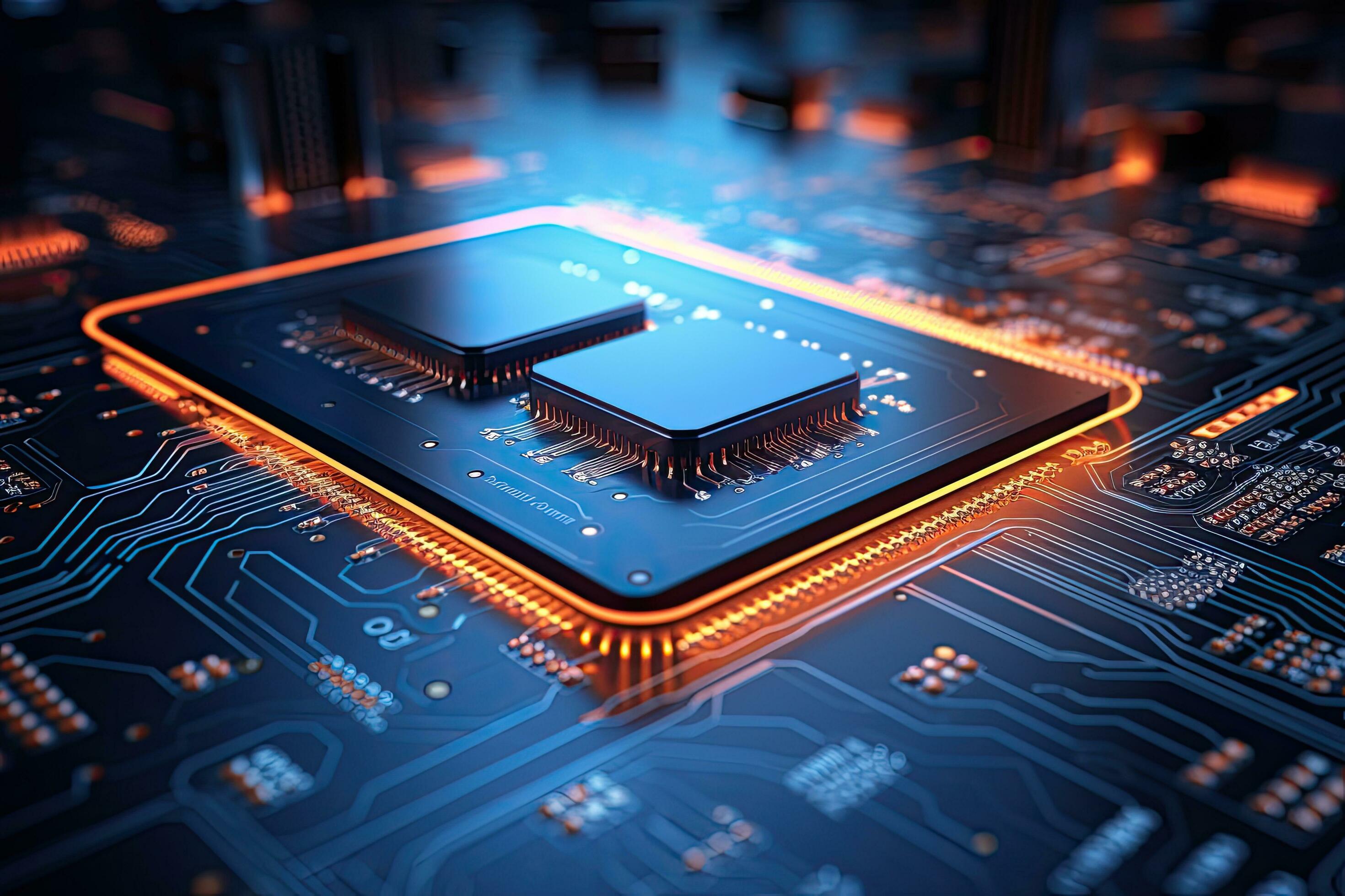 Highly Rendering Of Microchip In Blue Light On Circuit Board Background