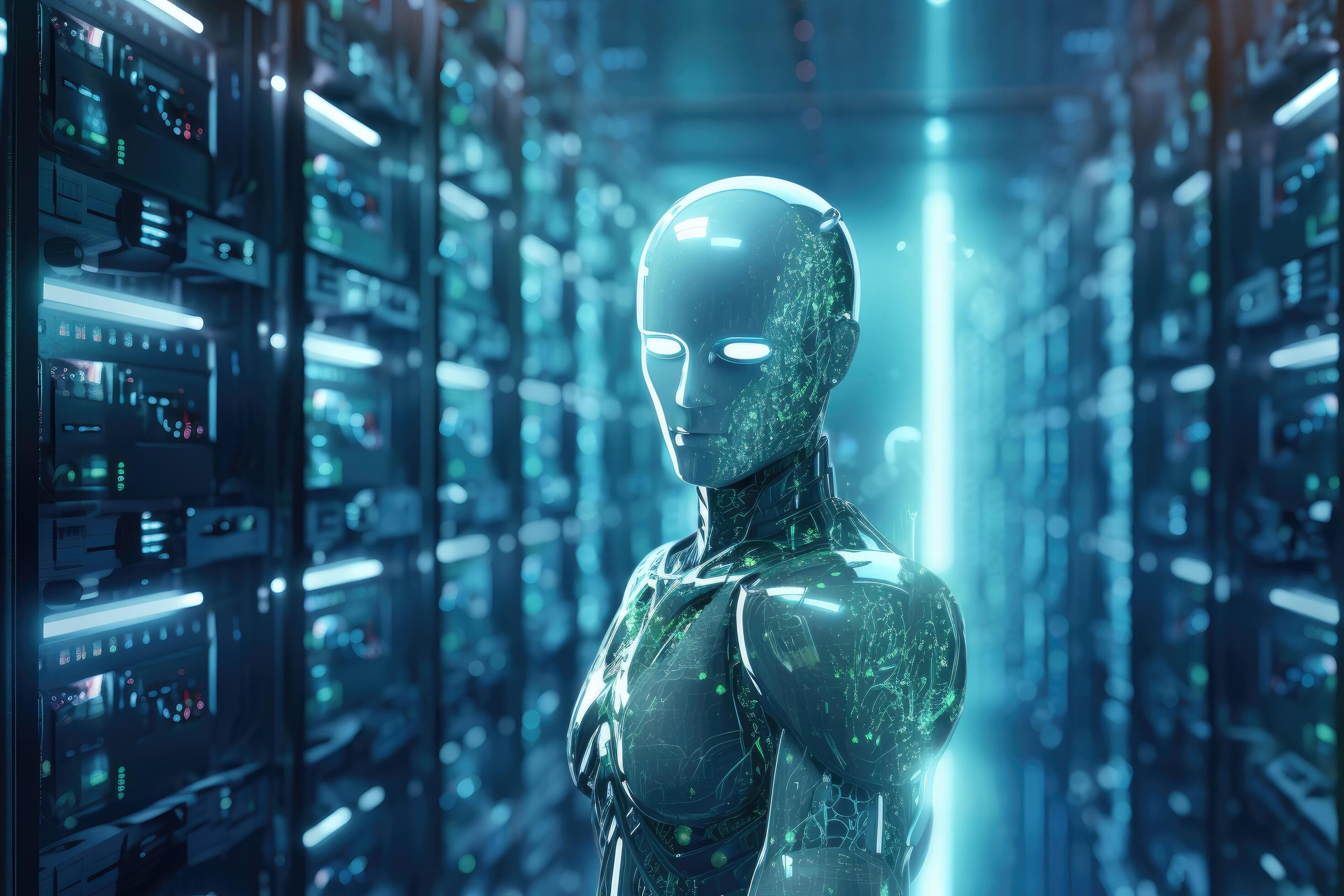 3D rendering humanoid robot working in server room with binary code on ...