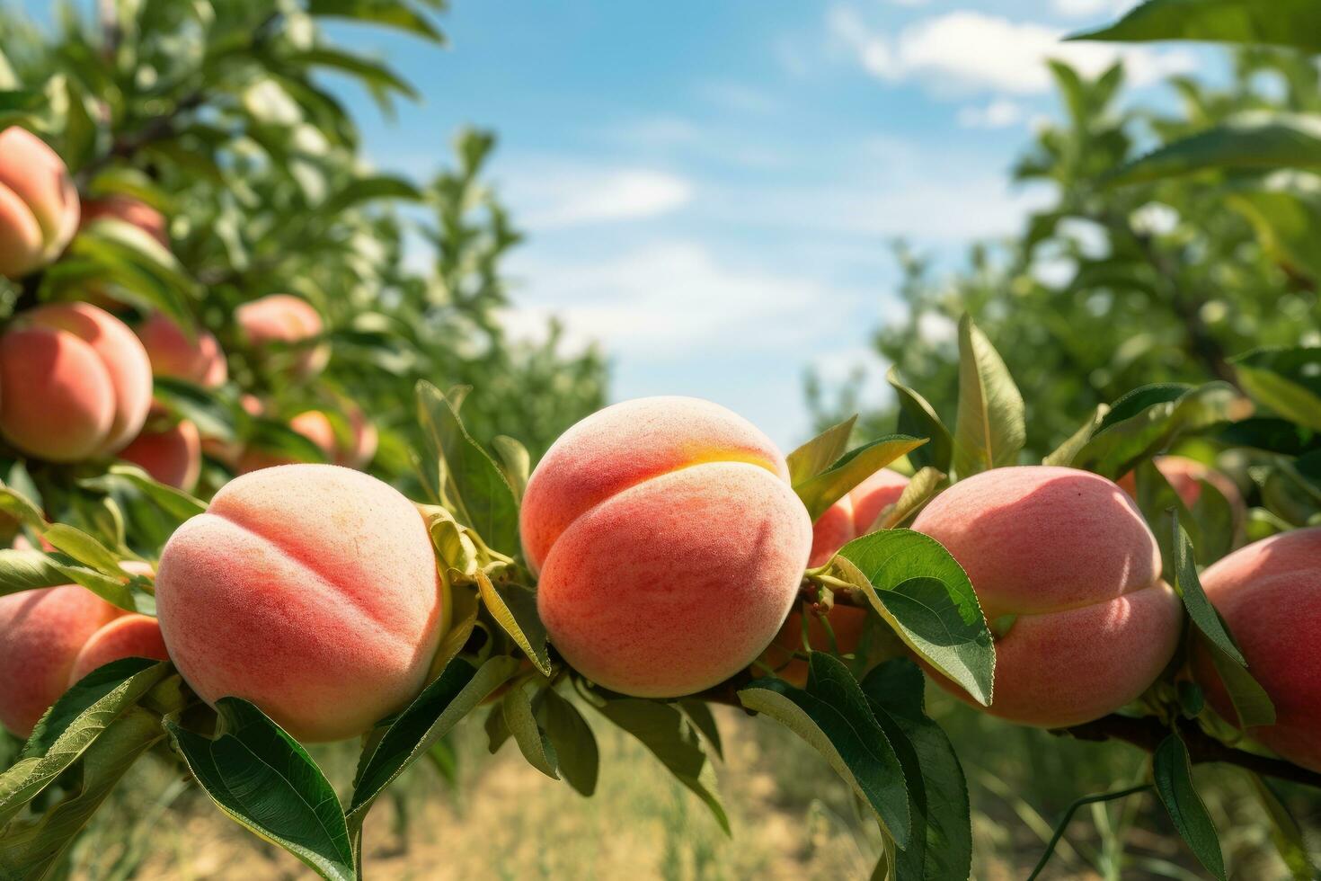 Peach tree with ripe peaches in orchard, closeup, peaches in the farm ...