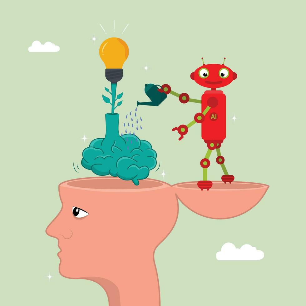 Artificial intelligence help man to increase creativity, brainstorming with help of ai, man and ...