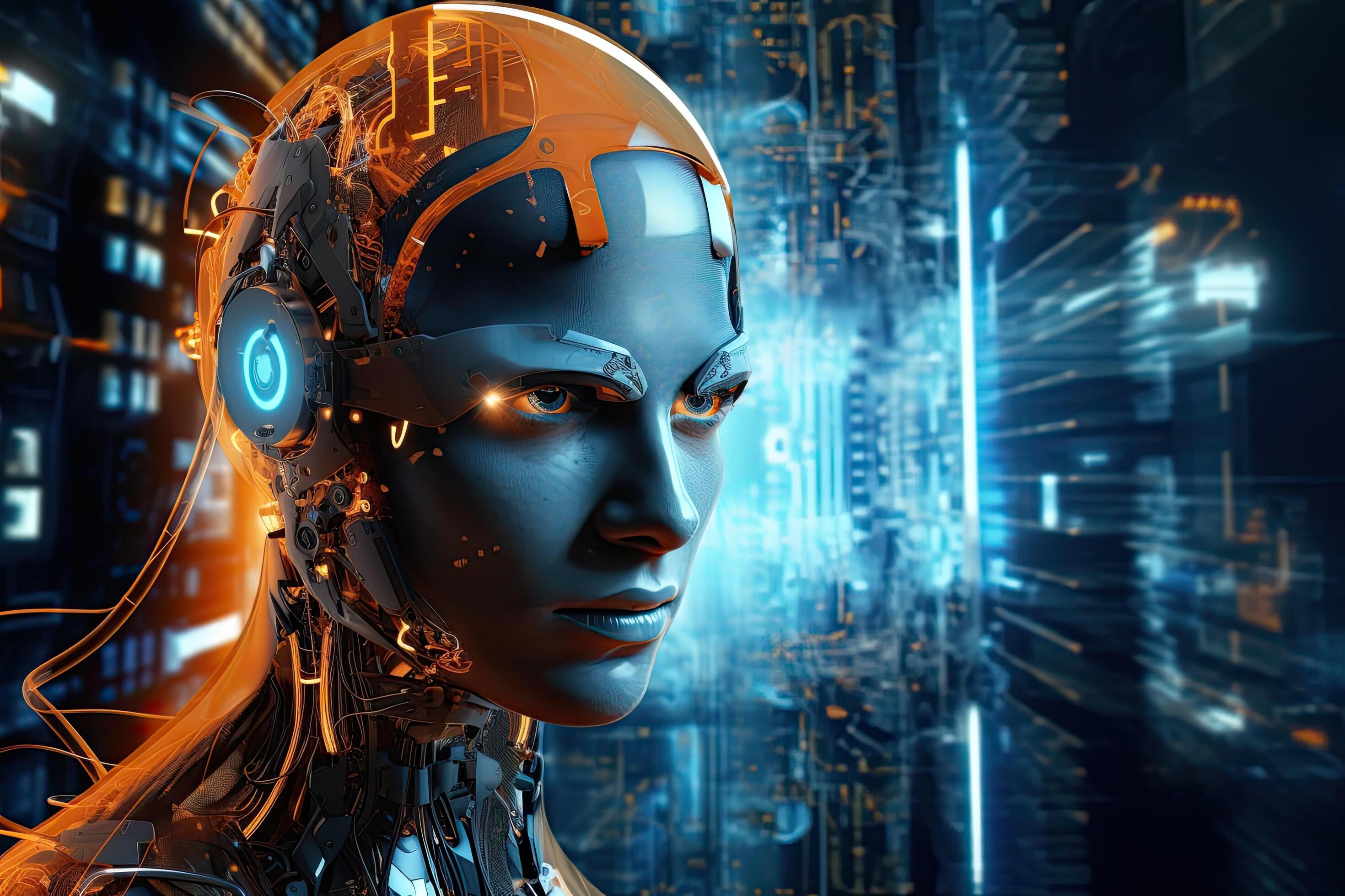 3D rendering of a female cyborg with circuit board in the background, Hi tech robot close up ...