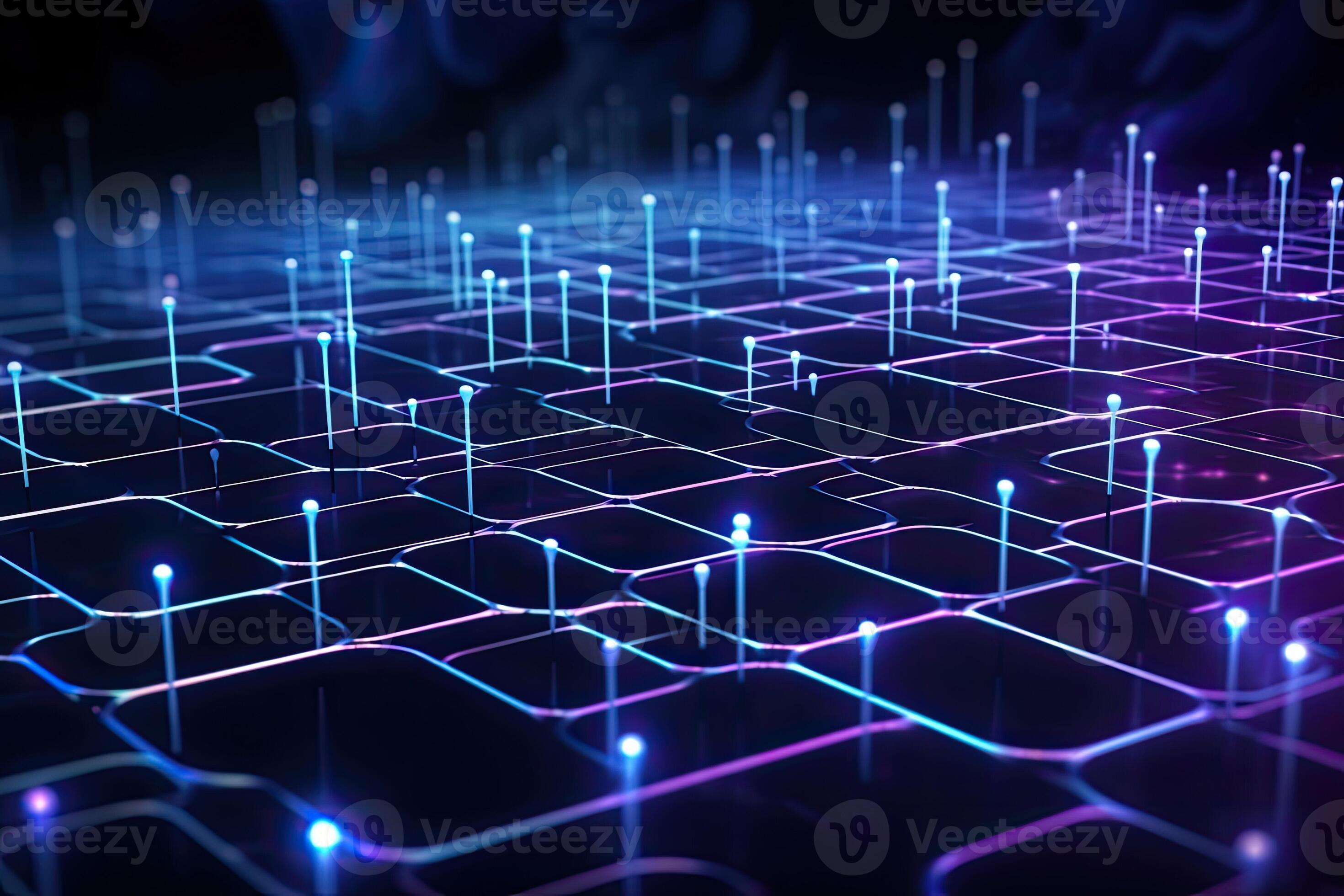 Abstract technological background with glowing lines and dots. 3D Rendering, Cyber big data flow ...