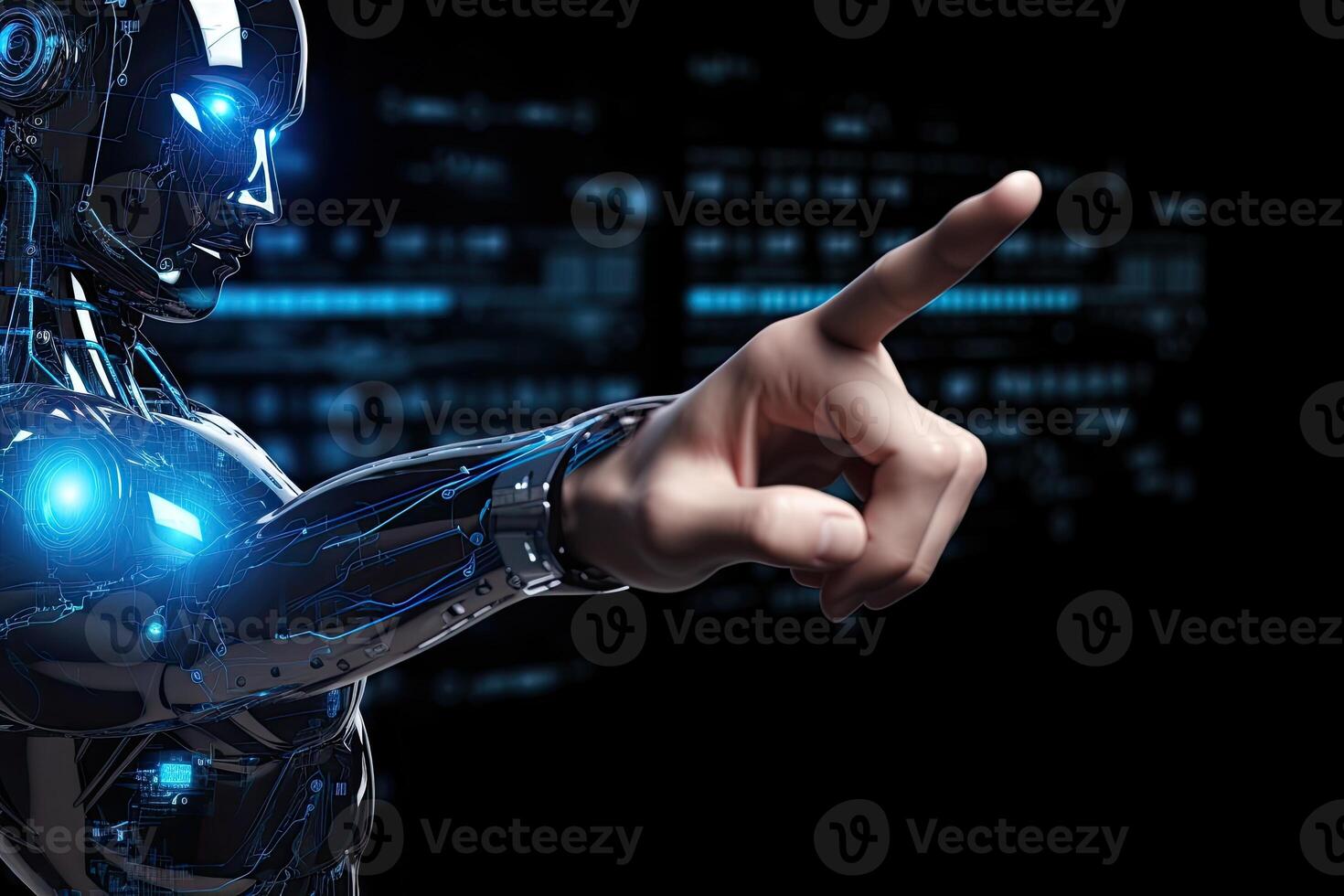 Cyborg woman touching screen with finger on dark background 3D rendering, Cyber digital world ...