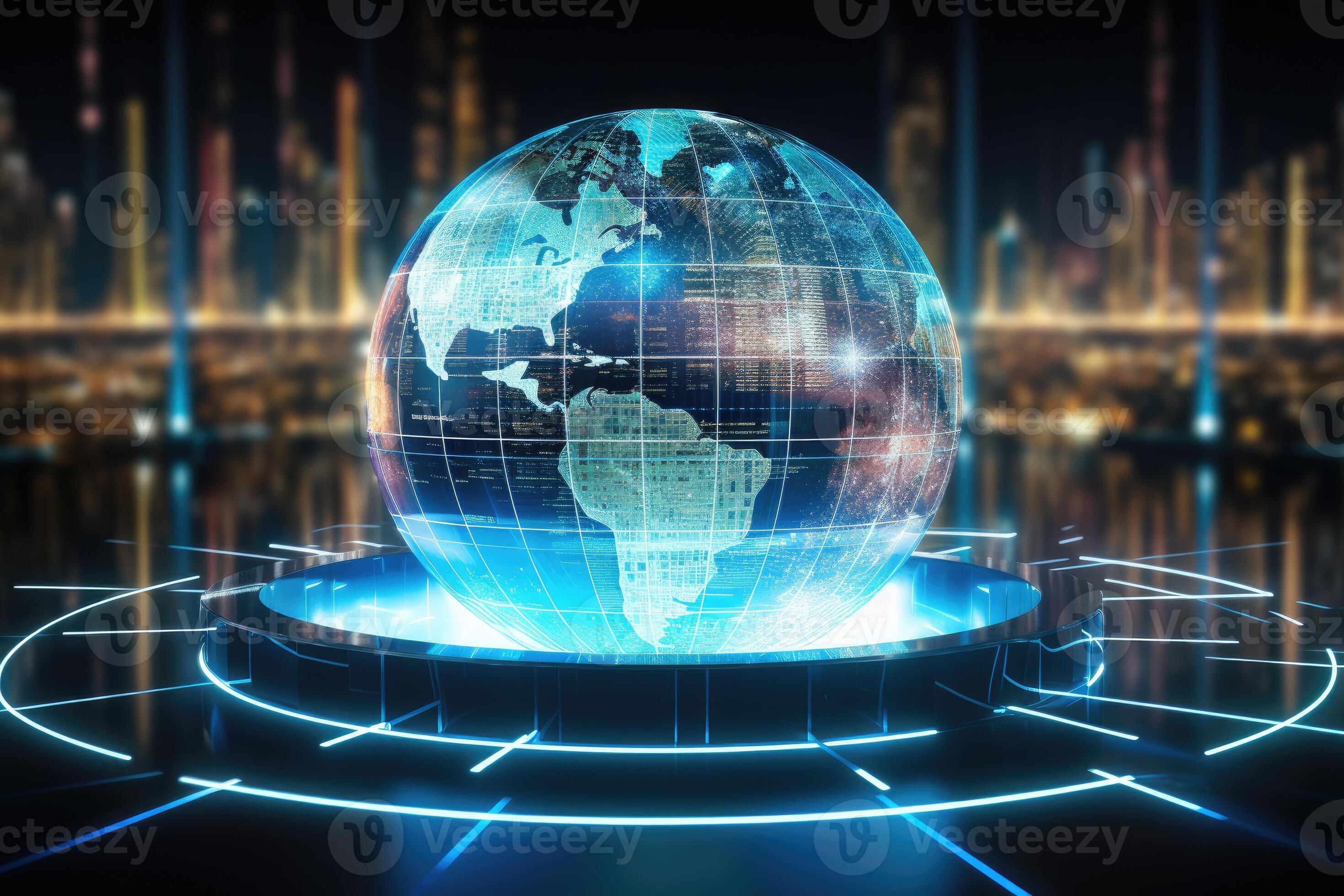 Globe with glowing dots and lines on dark background. 3D rendering, Data transfer through global ...