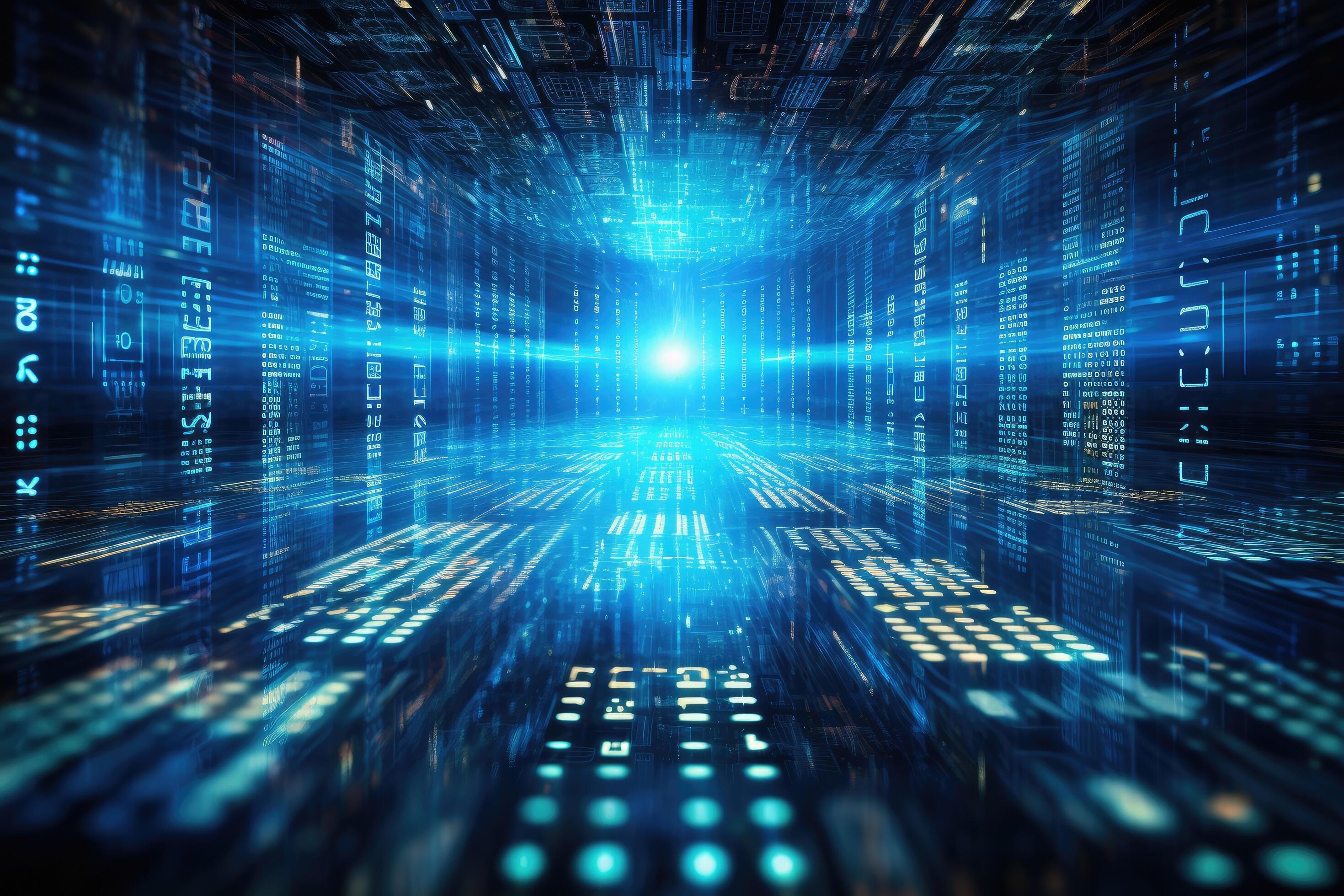 Futuristic cyberspace with digital binary code and bright light, Digital binary code and AI ...