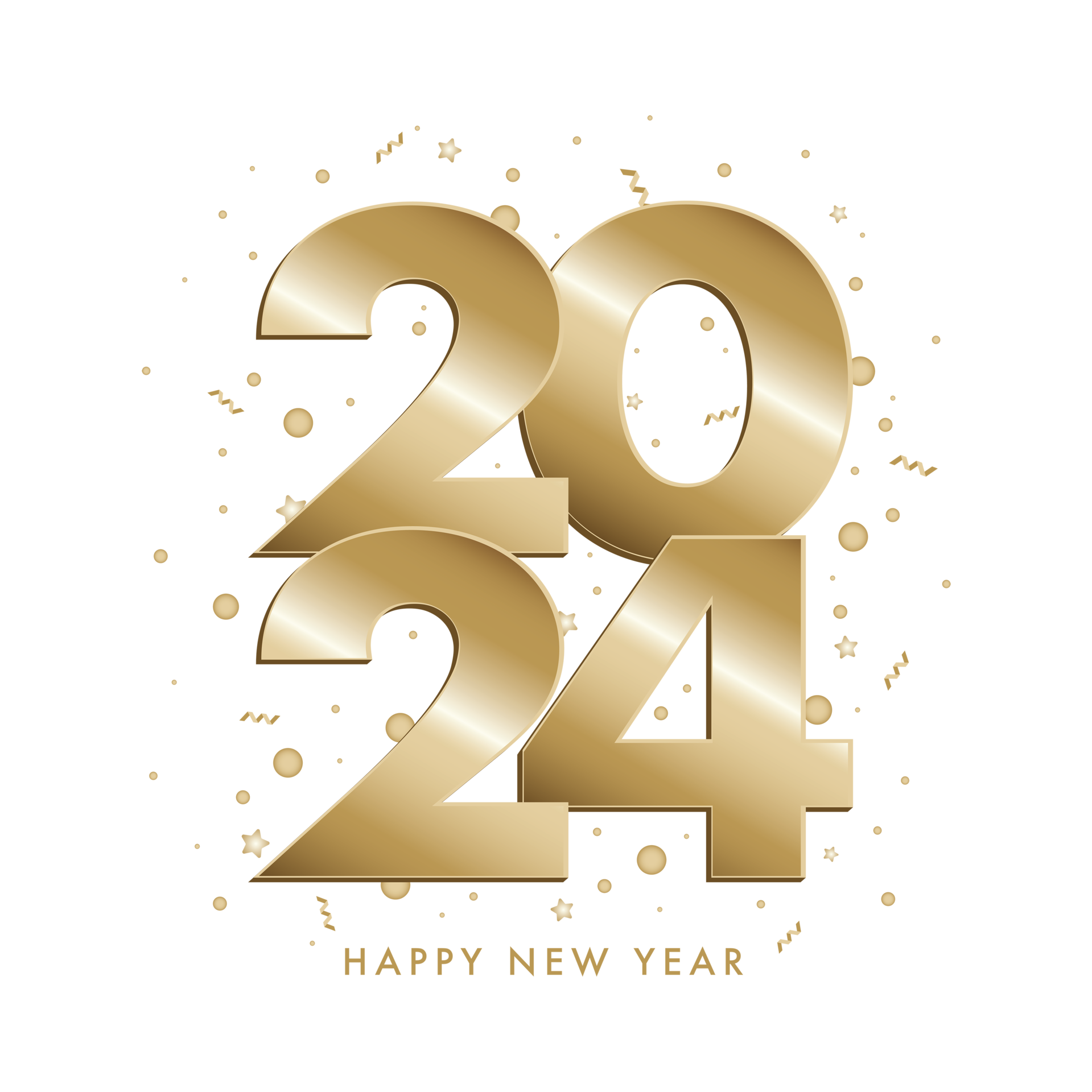 2024 Gouden Getallen Met Feestelijk Confetti Sterren En Spiraal Linten Geïsoleerd Gelukkig